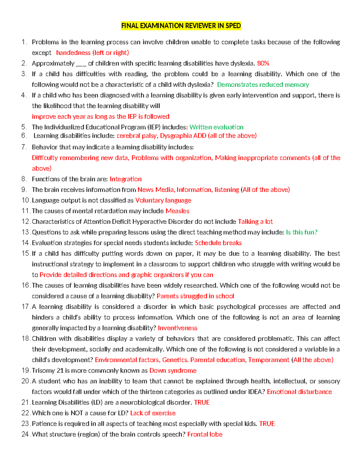 Final Exam Reviewer for SPED 101: Special Education Overview - Studocu
