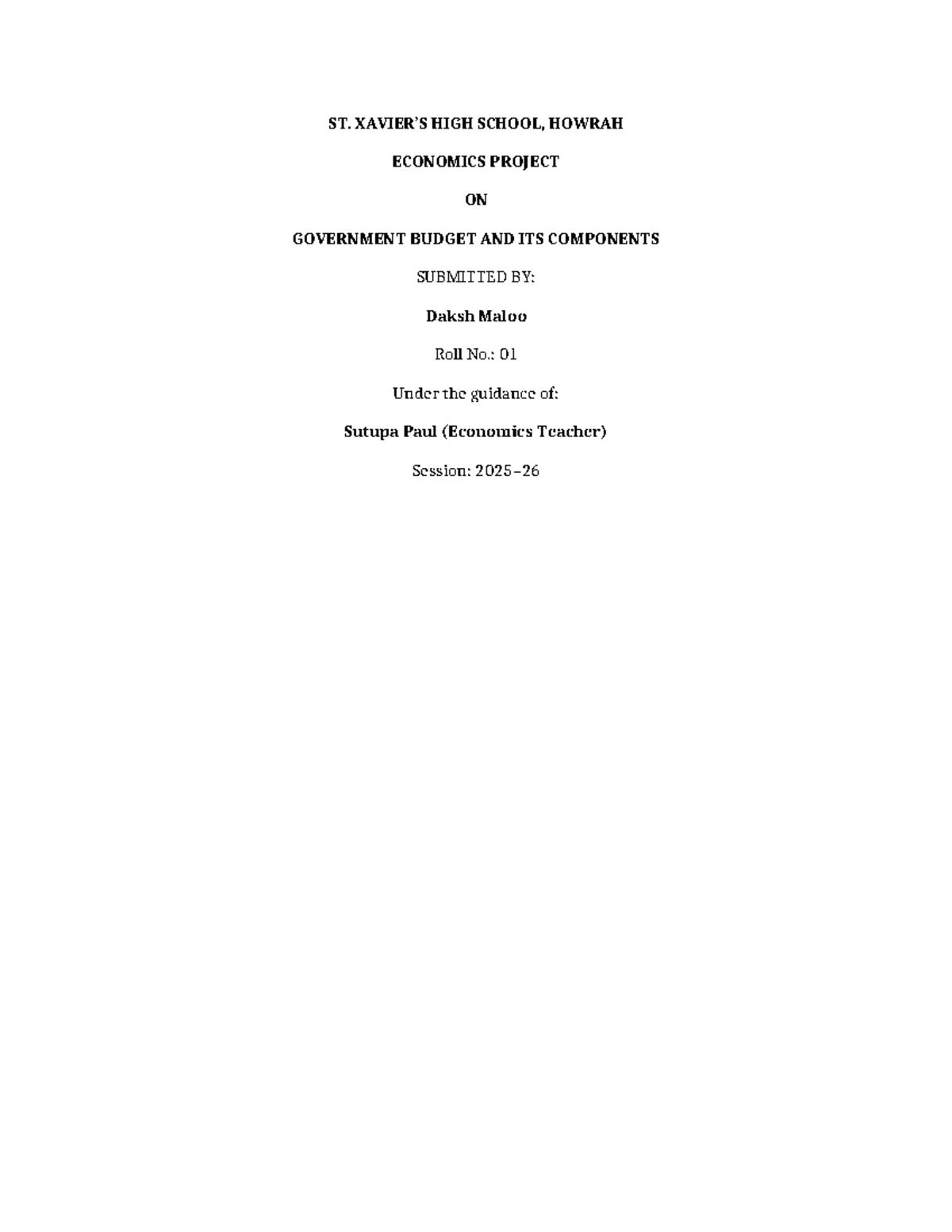 Economics Project: Government Budget & Its Components (Class XII) - Studocu