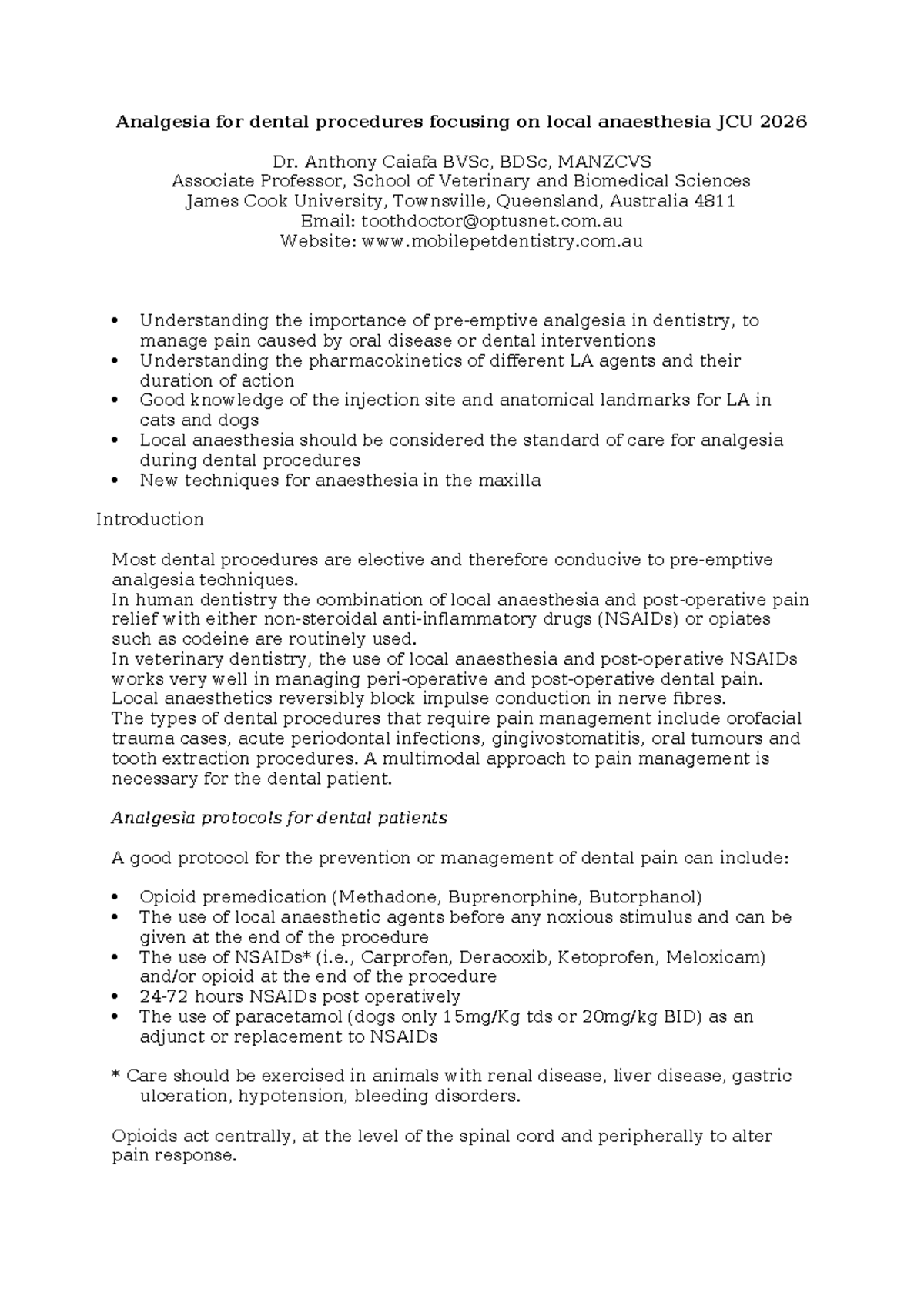 Analgesia in Veterinary Dentistry: Local Anaesthesia Techniques JCU ...
