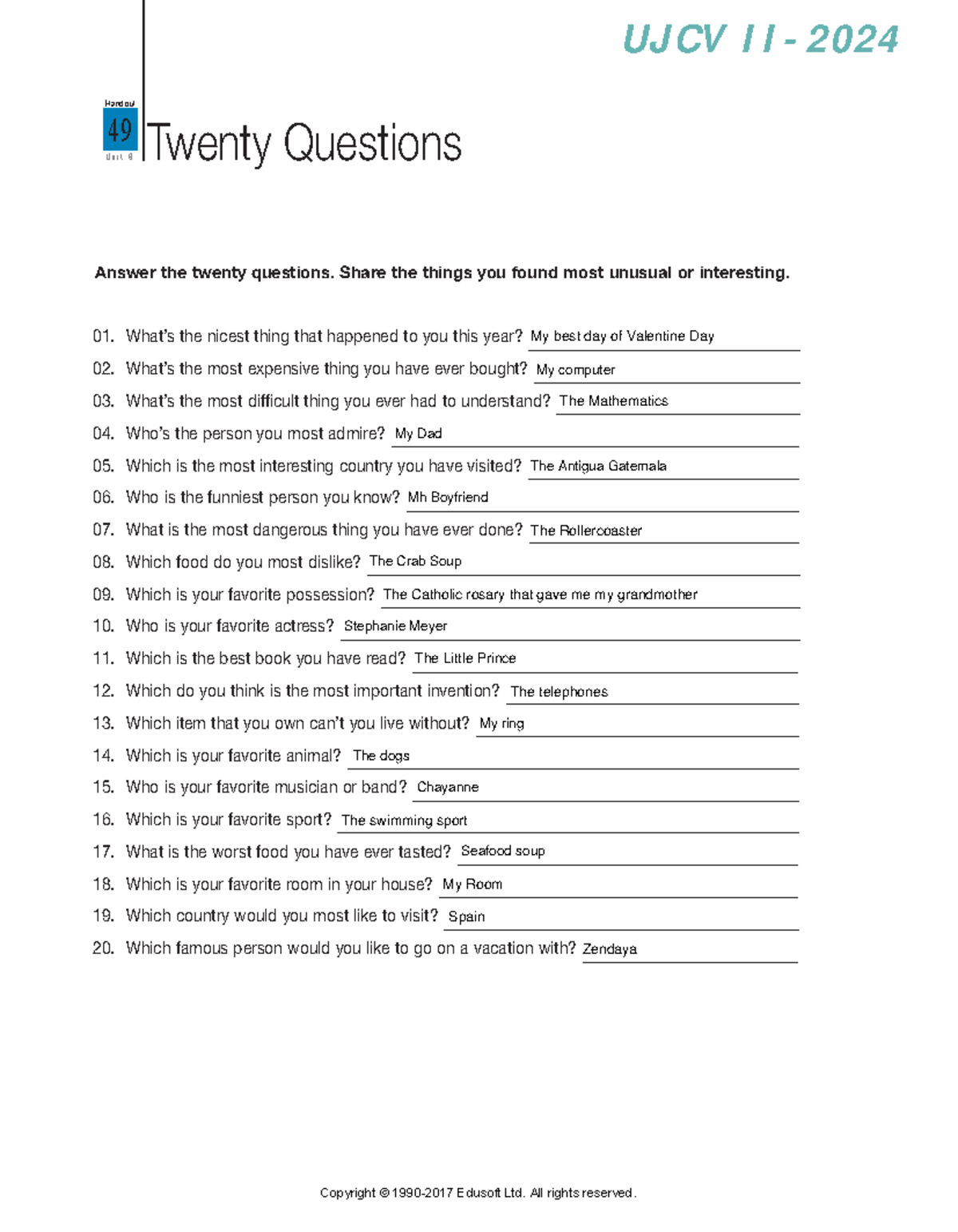 08 Intermediate III Unit 8 Handout: Twenty Questions Activity - Studocu