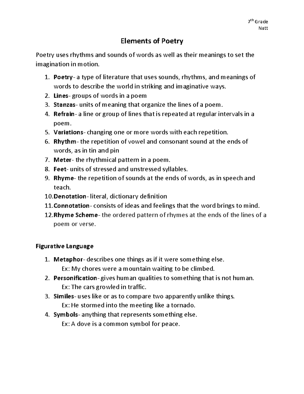 7th Grade Elements of Poetry: Key Concepts and Definitions - Studocu