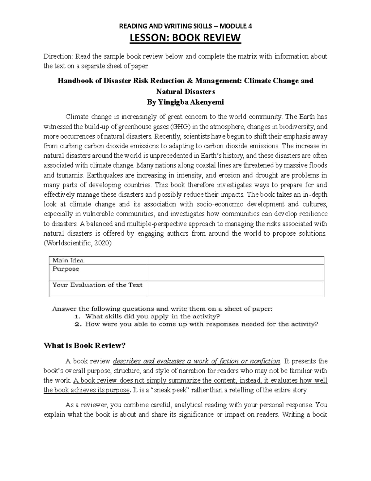 READING AND WRITING SKILLS MODULE 4 LESSON: BOOK REVIEW Guide - Studocu