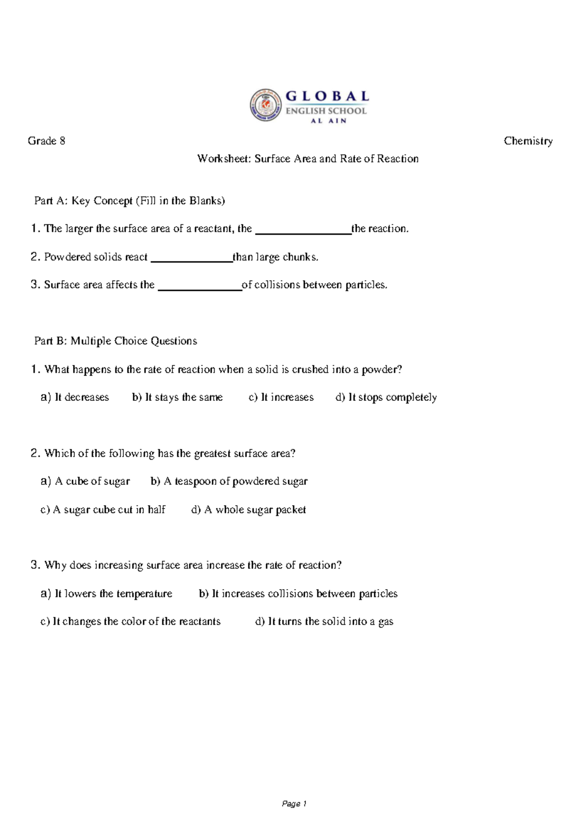 G8 Chemistry Worksheet: Surface Area & Rate of Reaction Concepts - Studocu