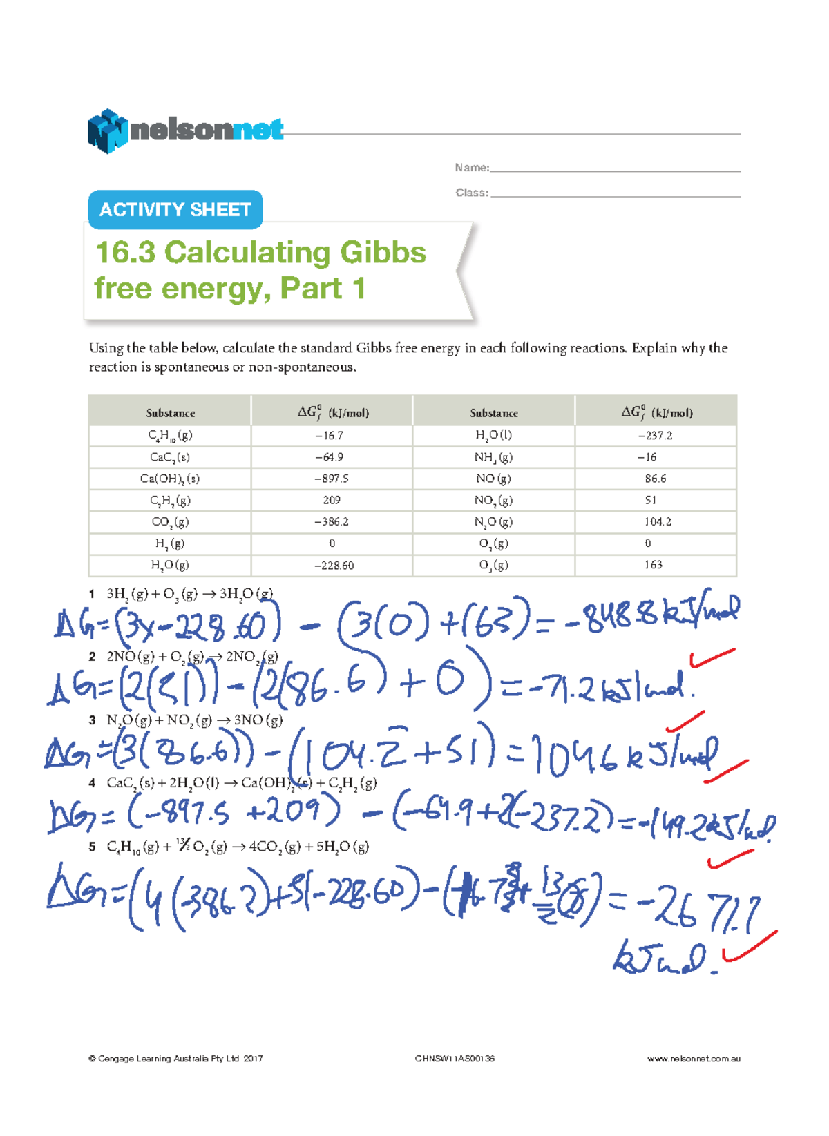 Chnsw 11AS00136 - Activity Sheet 16.3: Gibbs Free Energy Calculations ...