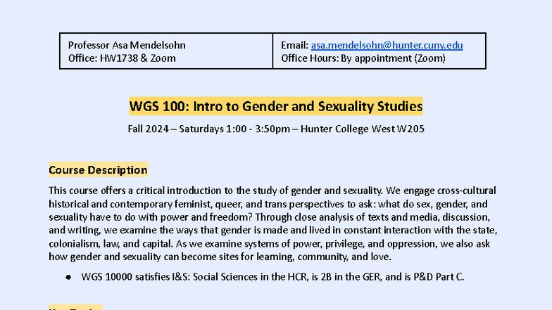WGS 100: Intro to Gender and Sexuality Studies Syllabus Fall 2024 - Studocu