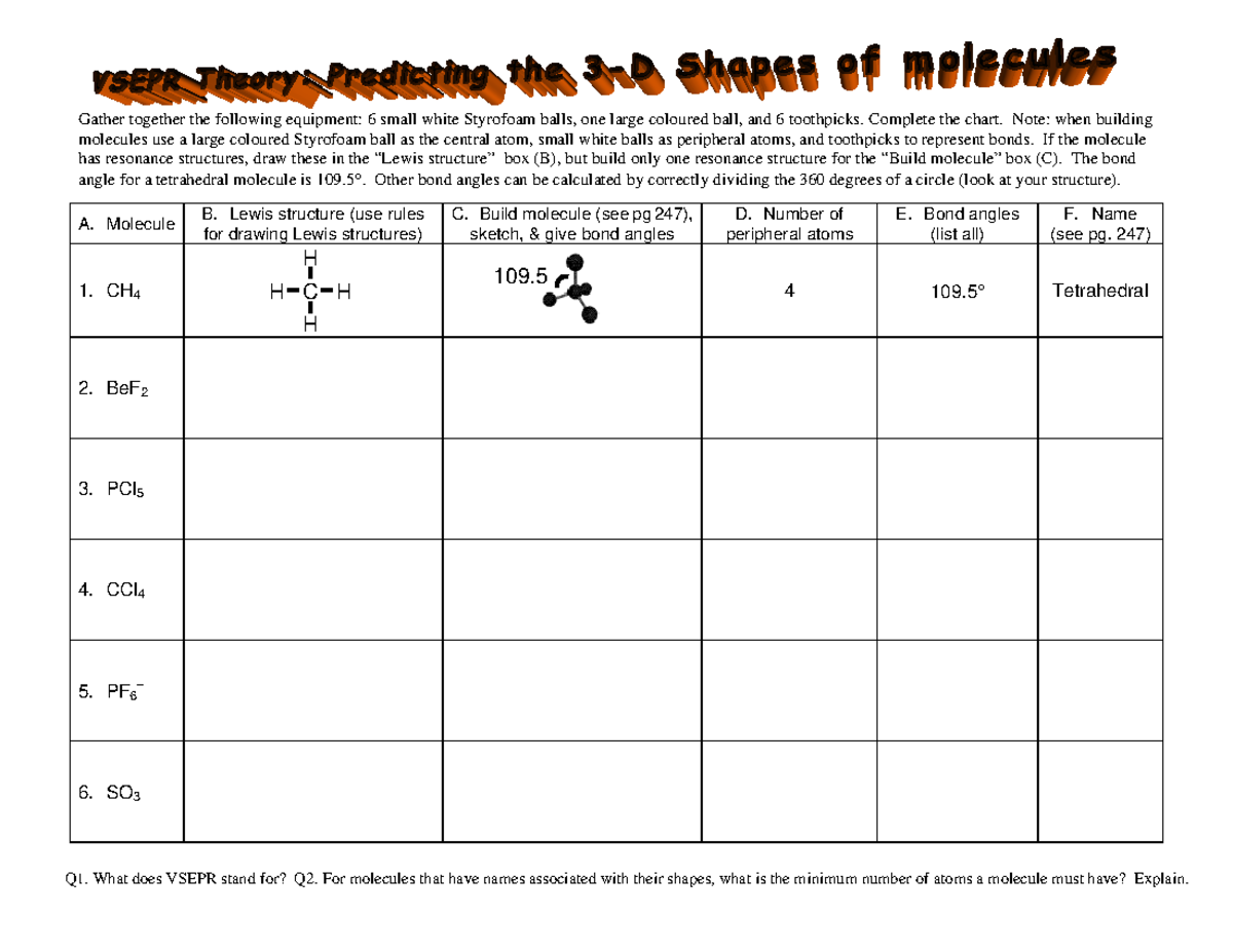 Vsepr-worksheet-answers - Gather together the following equipment: 6 ...
