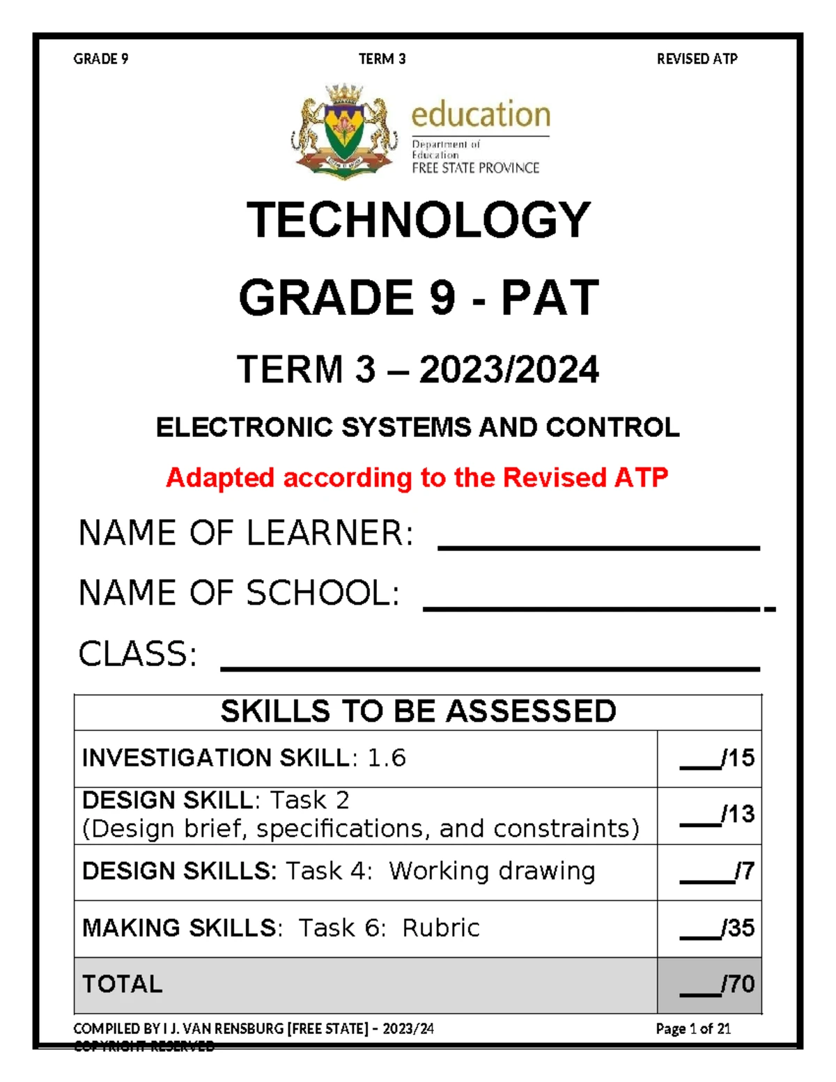 Grade 9 Natural Sciences Term 3 Forces Topic TEST - Grade 9 Natural ...