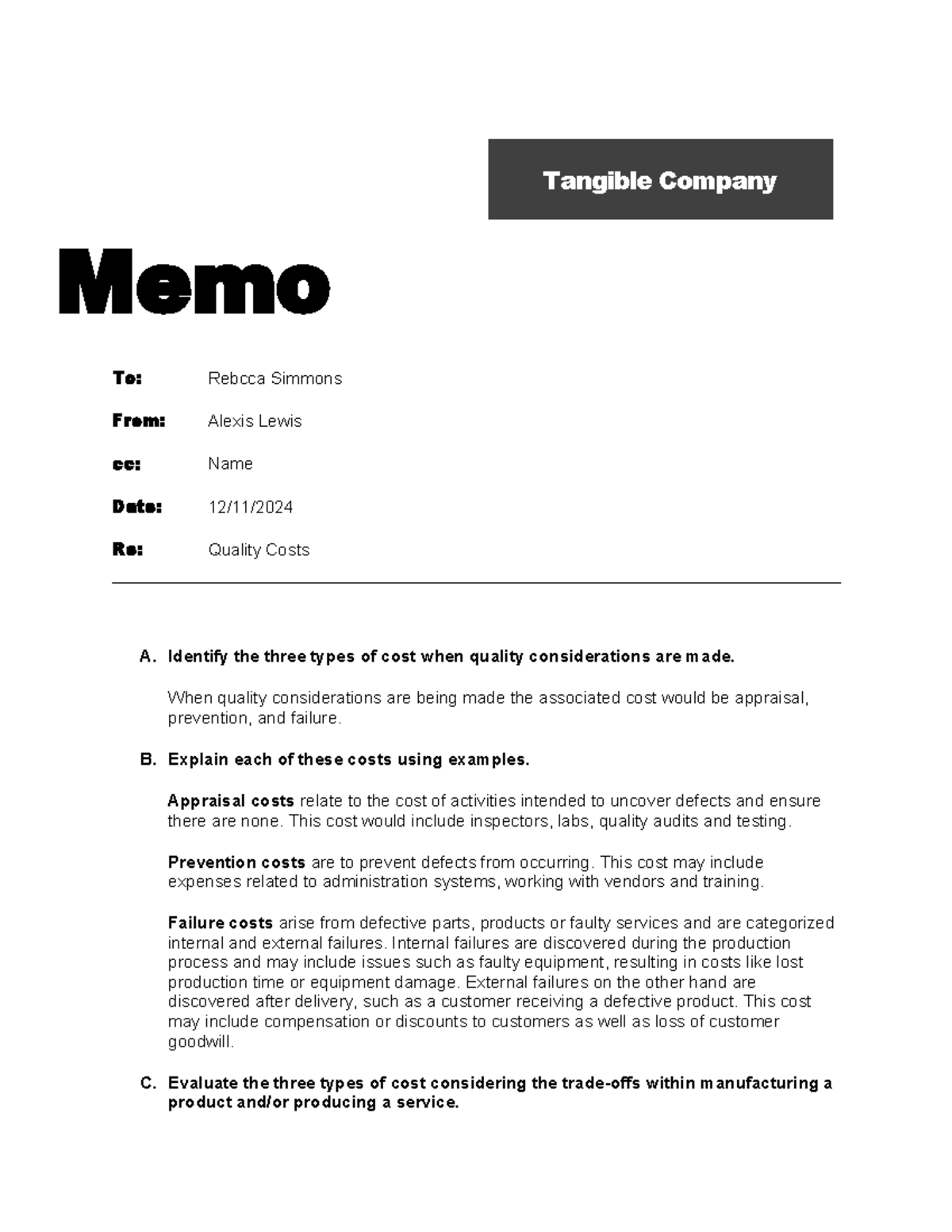 Quality Costs Analysis Memo: Appraisal, Prevention, and Failure - Studocu