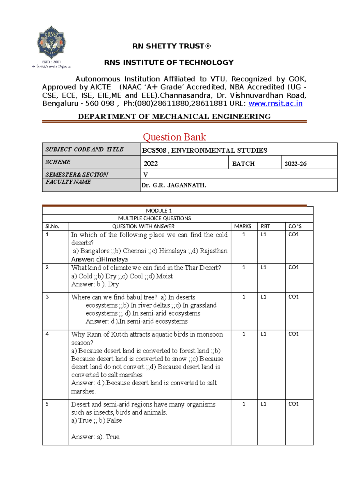 BCS508 Environmental Studies Question Bank with Answers (2024-25) - Studocu