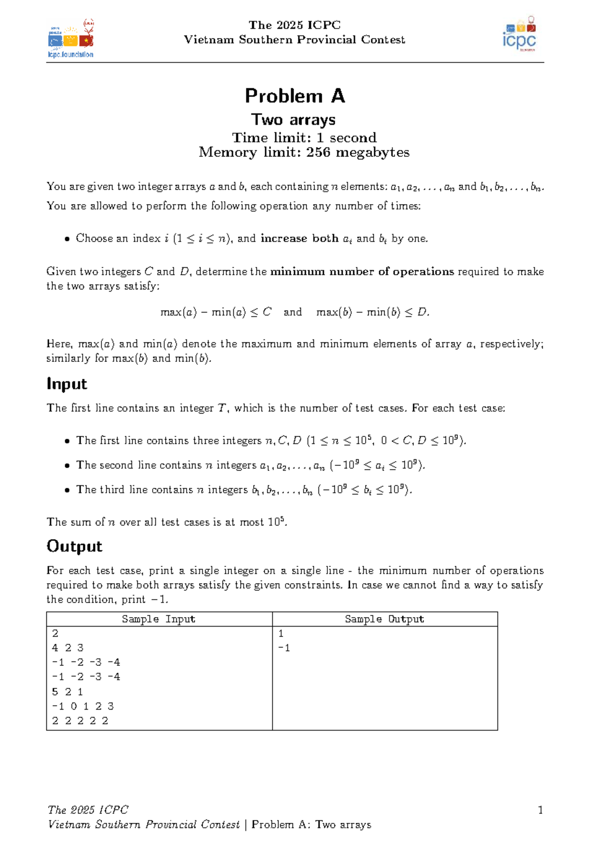 Prob-Two Arrays - ICPC 2025 Southern Contest Problem A - Studocu