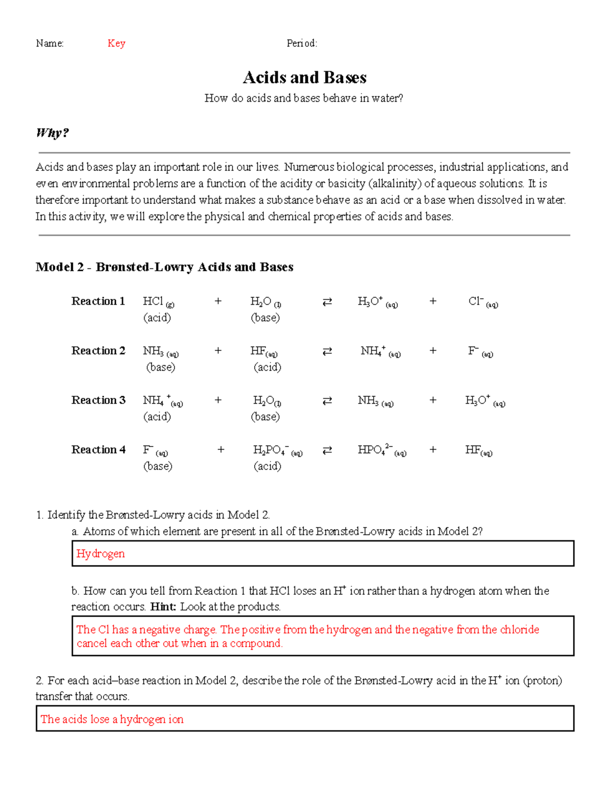 Key - Acid Base - Bronsted-Lowry Models and Reactions (Chem 101) - Studocu