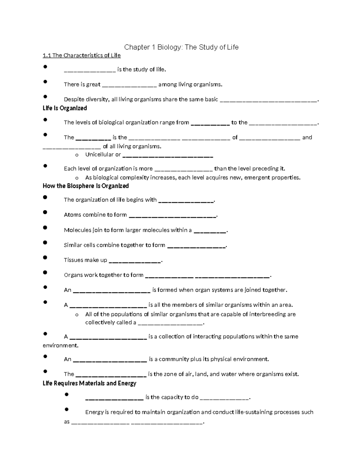 Biology 101: Chapter 1 - Characteristics of Life Notes - Studocu