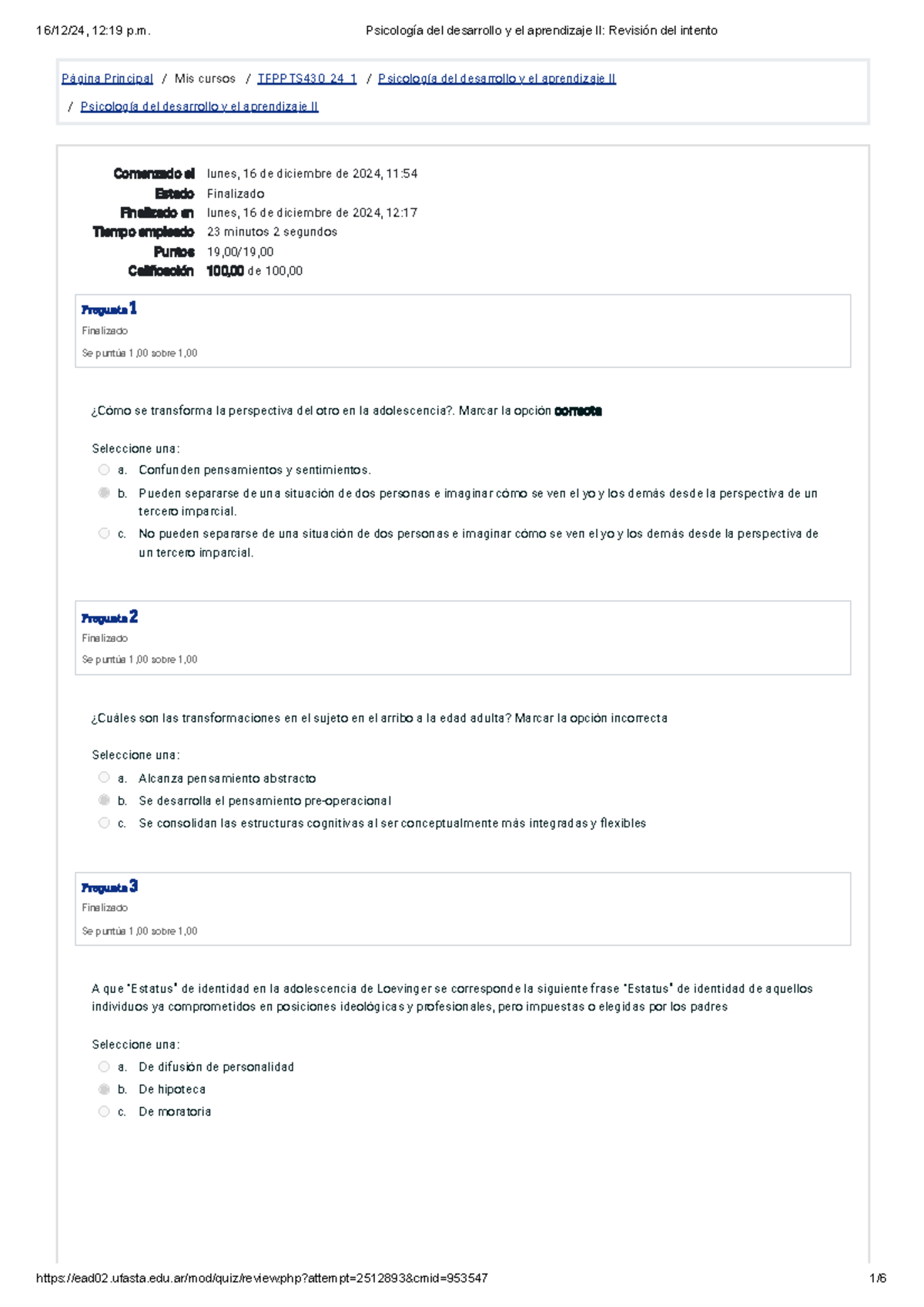 Psicología del desarrollo y el aprendizaje II Examen Diciembre - Página Principal / Mis cursos ...