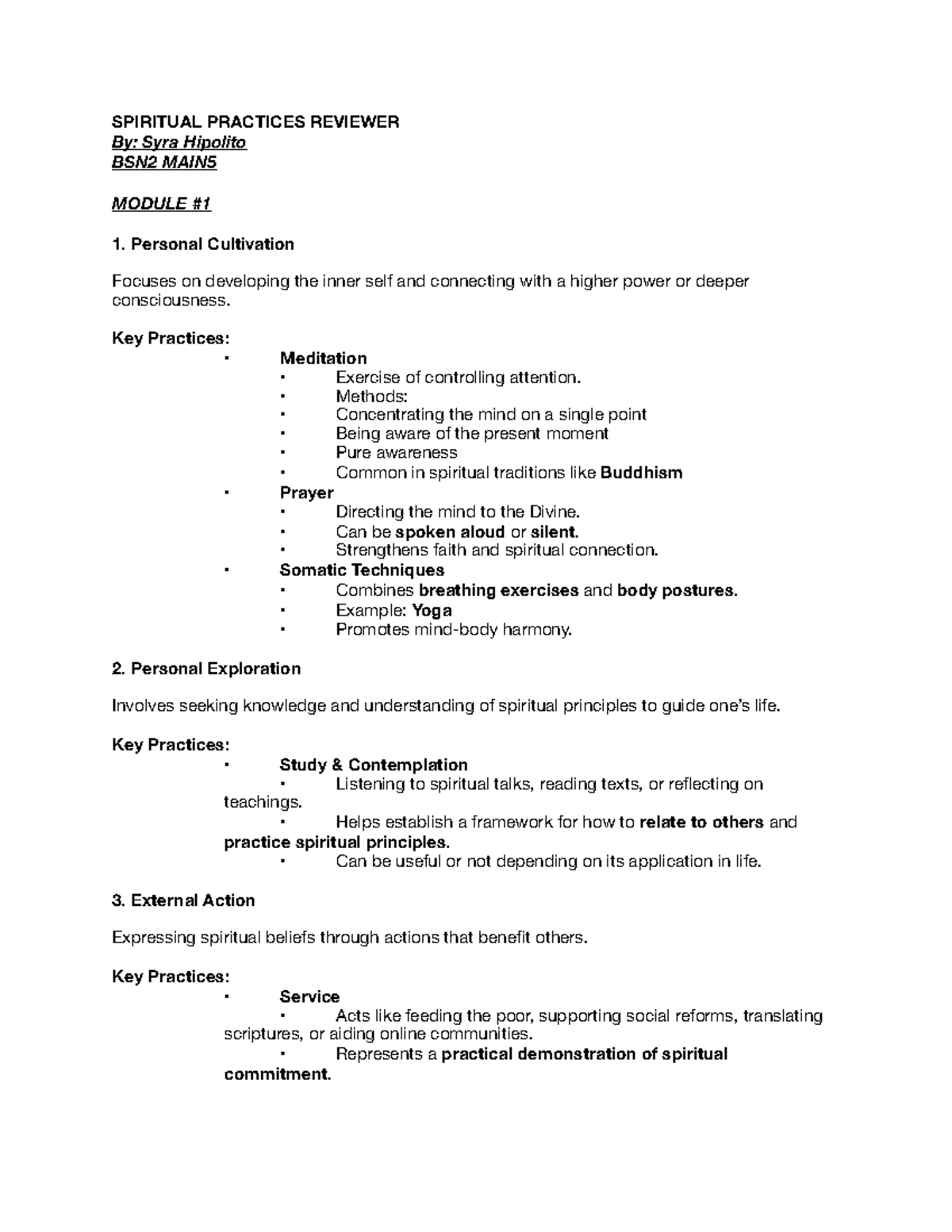 SPIRITUAL PRACTICES REVIEWER: BSN2 MAIN5 MODULE 1 Insights - Studocu