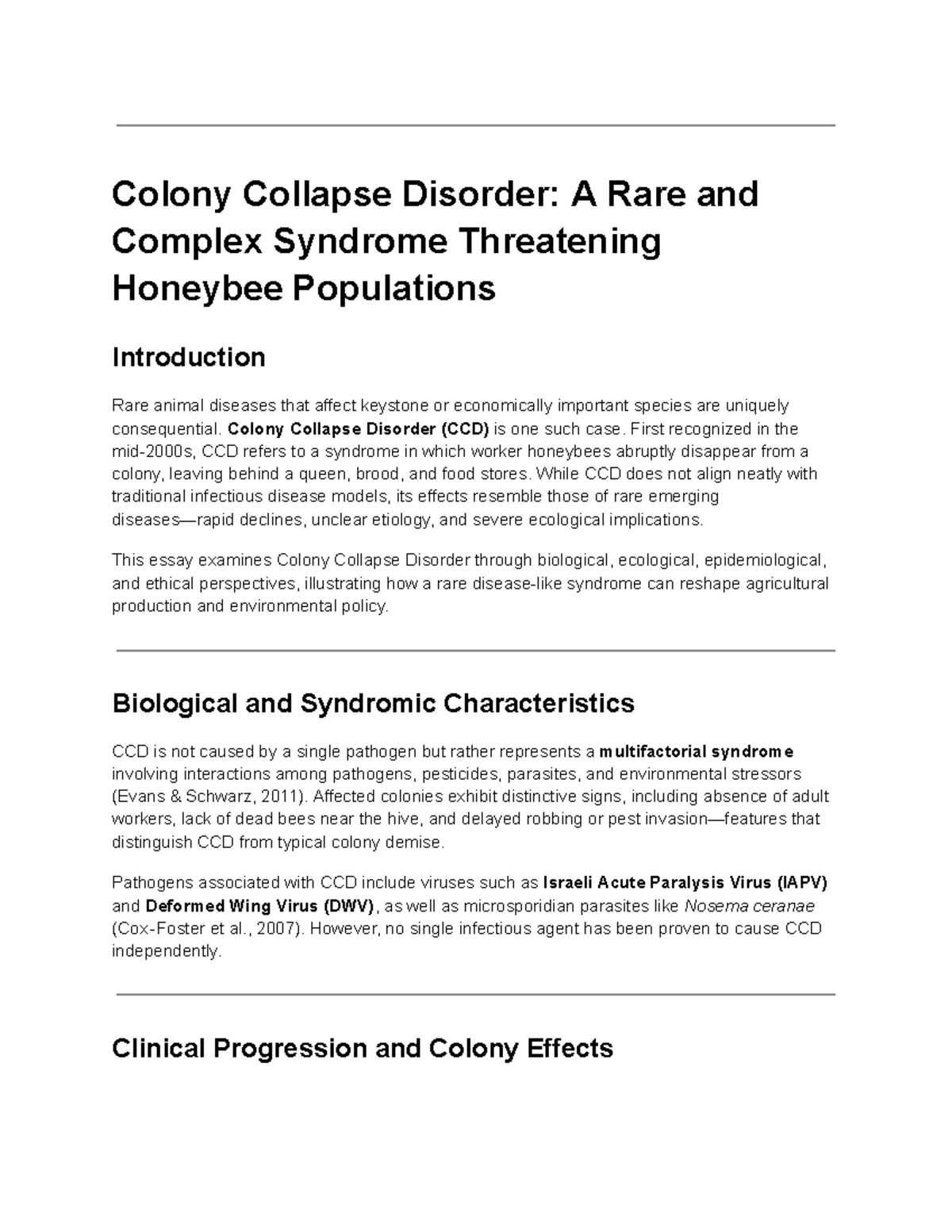 Colony Collapse Disorder (CCD): Impacts on Honeybee Populations and ...
