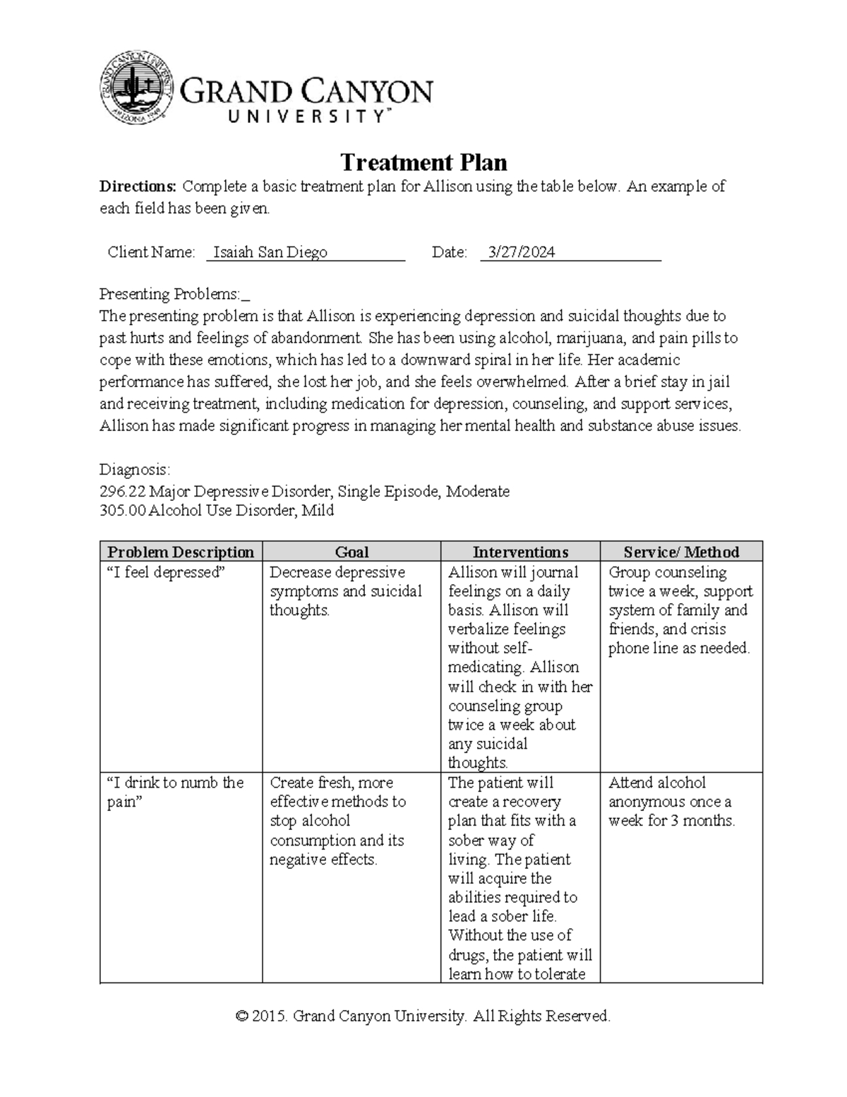 PCN255 - Treatment Plan for Client with Depression and Substance Abuse ...