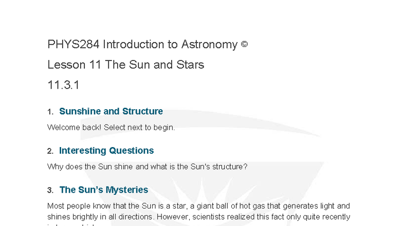 PHYS284 Introduction to Astronomy Lesson 11: The Sun and Stars Overview ...