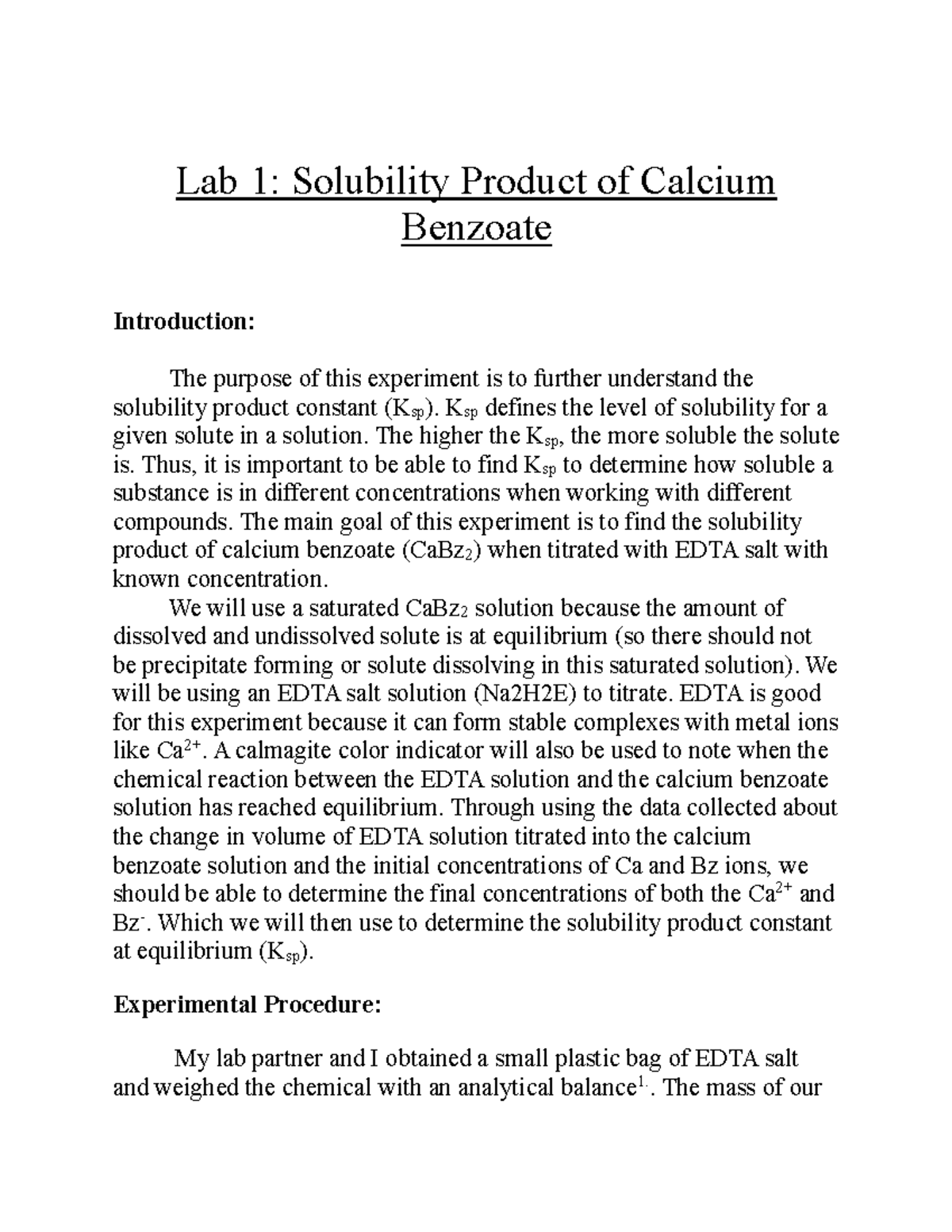 Lab 1: Determining Solubility Product of Calcium Benzoate Ksp - Studocu