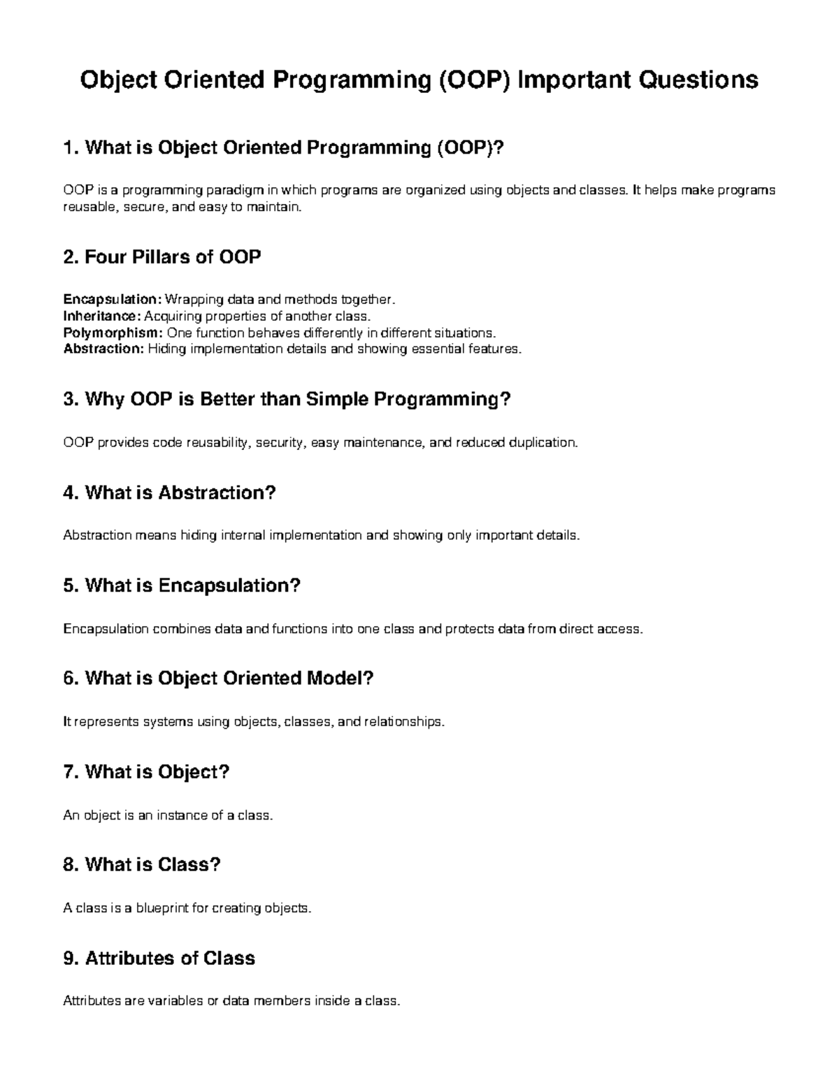 OOP Important Questions & Concepts for Exam Preparation - Studocu