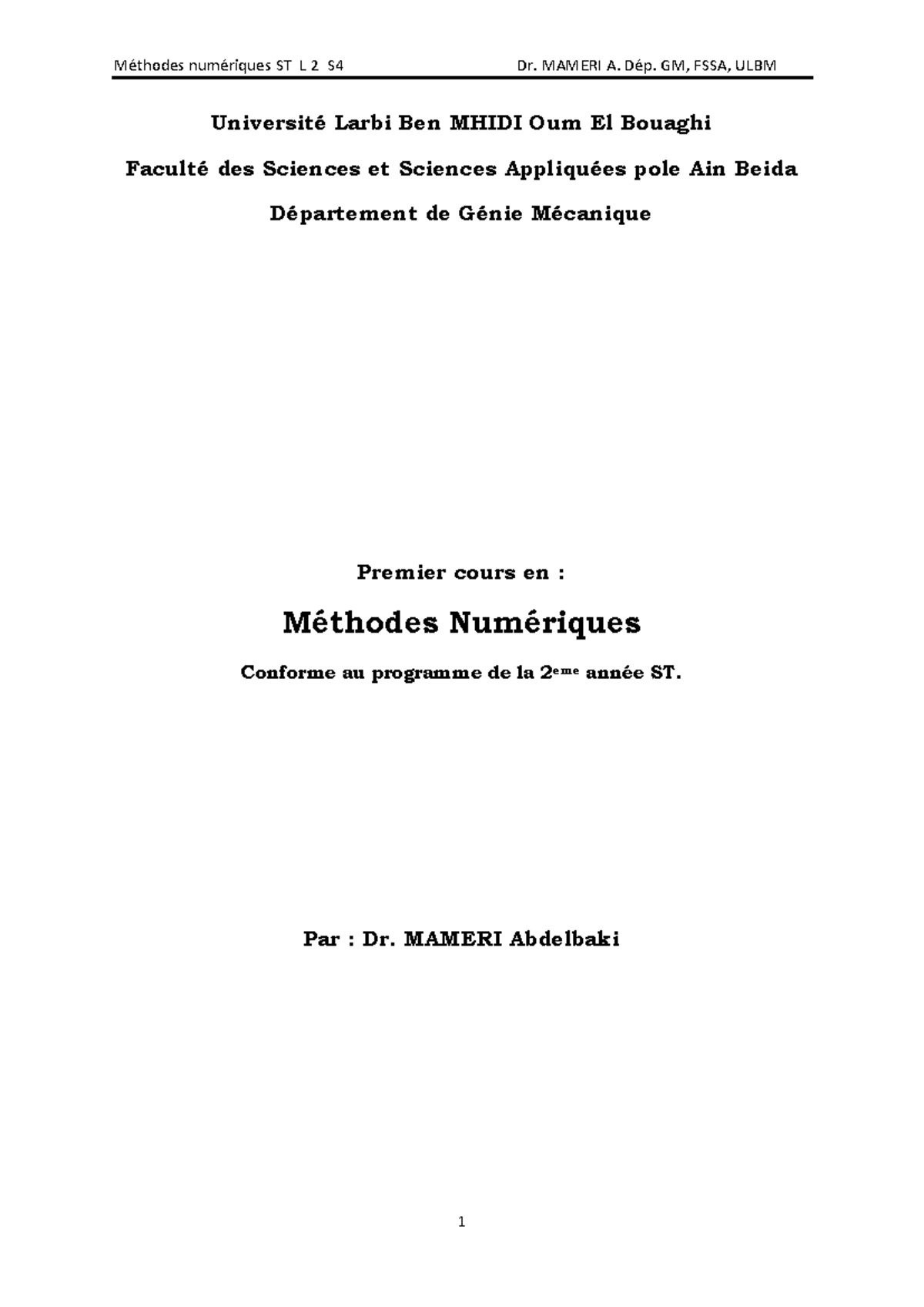 Cours Complet Méthodes Numériques L2 - 2ème Année ST - Studocu