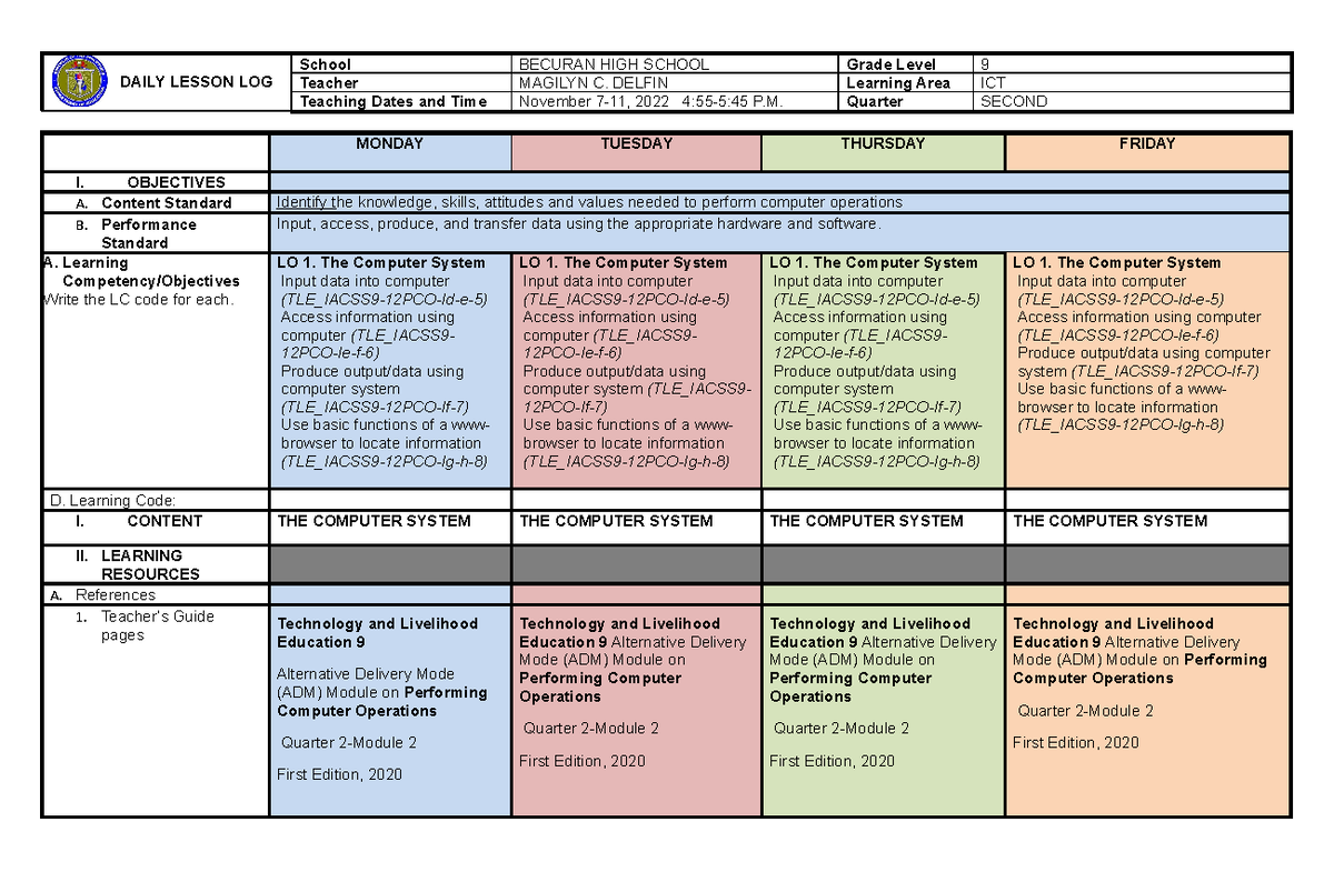 DLL ICT 9 1st Quarter WEEK 2 Lesson Plan and Activities - Studocu