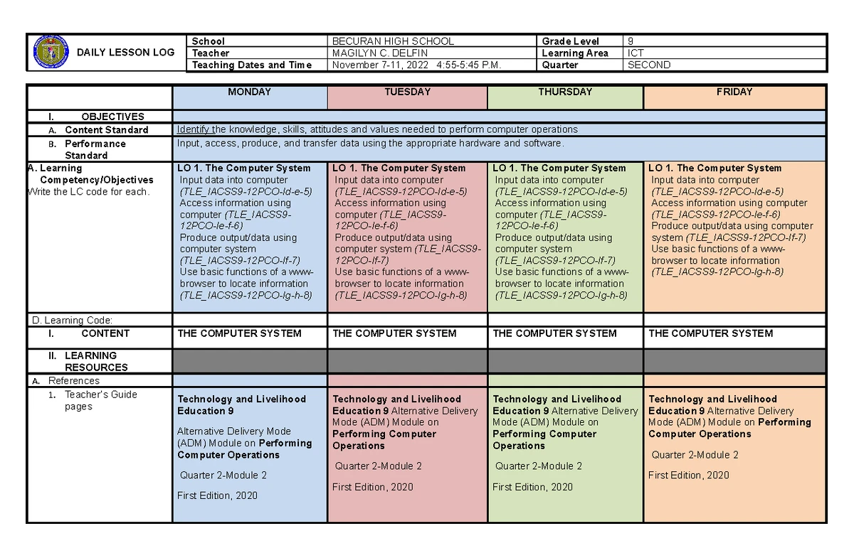 DLL ICT 9 1ST Quarter WEEK 2 - GRADE 1 to 12 DAILY LESSON LOG School ...