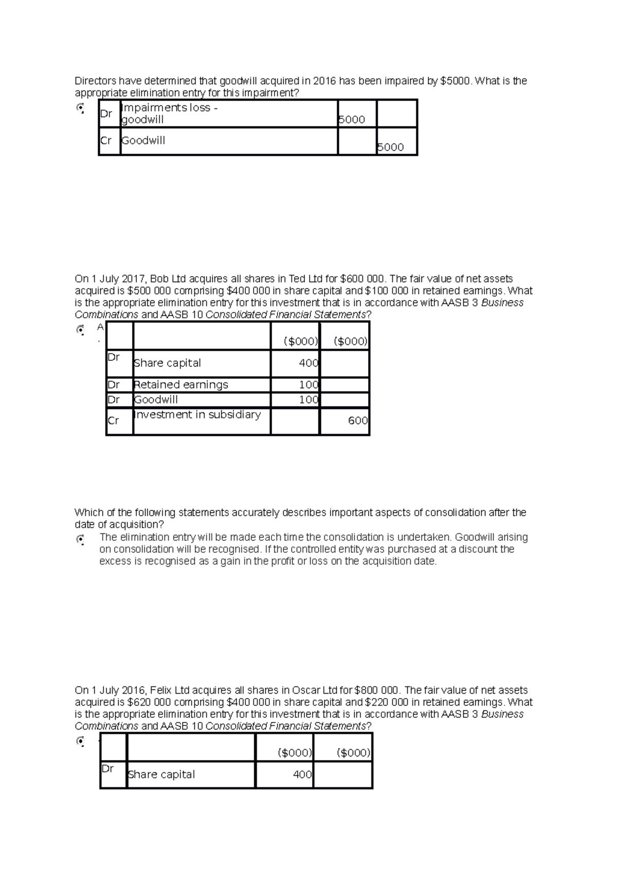 CAS Week 6 Quiz - Goodwill Impairment & Elimination Entries - Studocu
