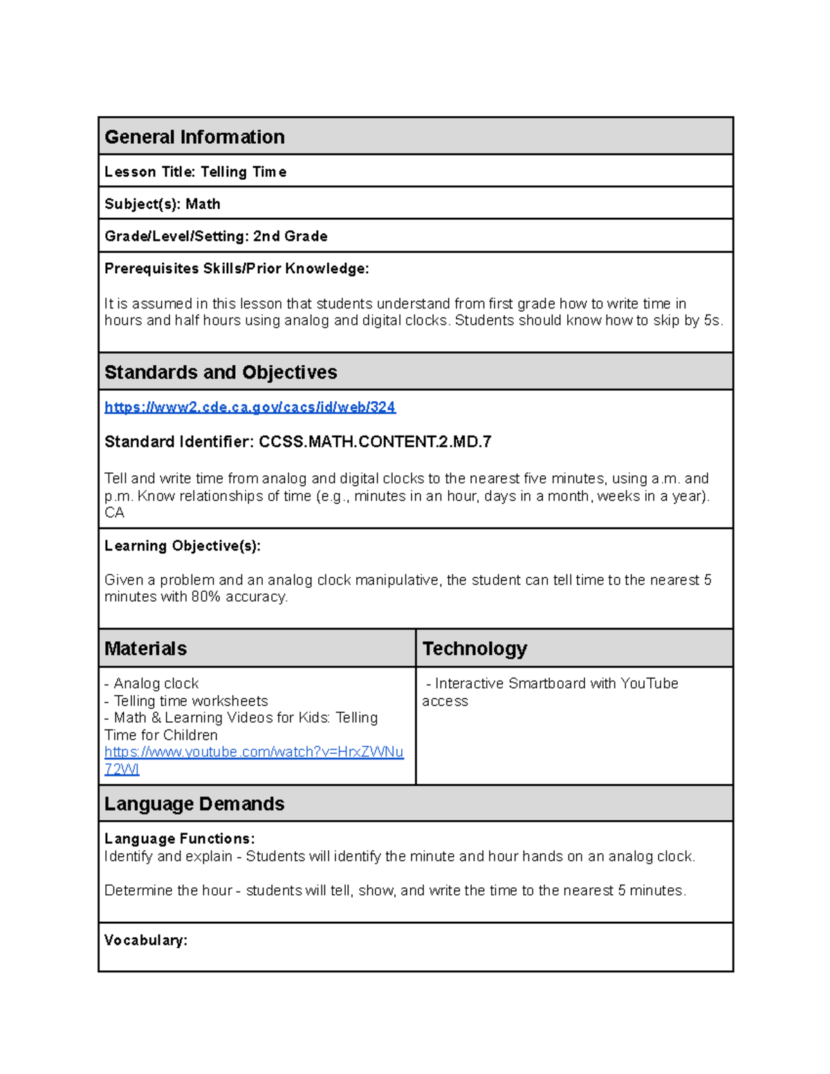 D091 Task 2 - Math Lesson Plan: Telling Time for 2nd Graders - Studocu