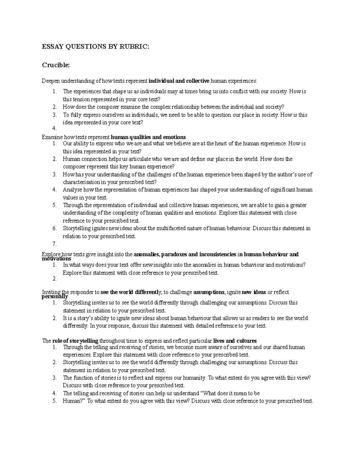 Essay Questions Rubric: Exploring Human Experiences in Texts - Studocu