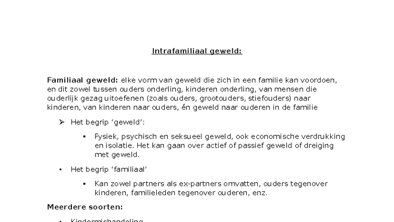 Intrafamiliaal Geweld: Een Overzicht van Soorten en Impact - Studocu