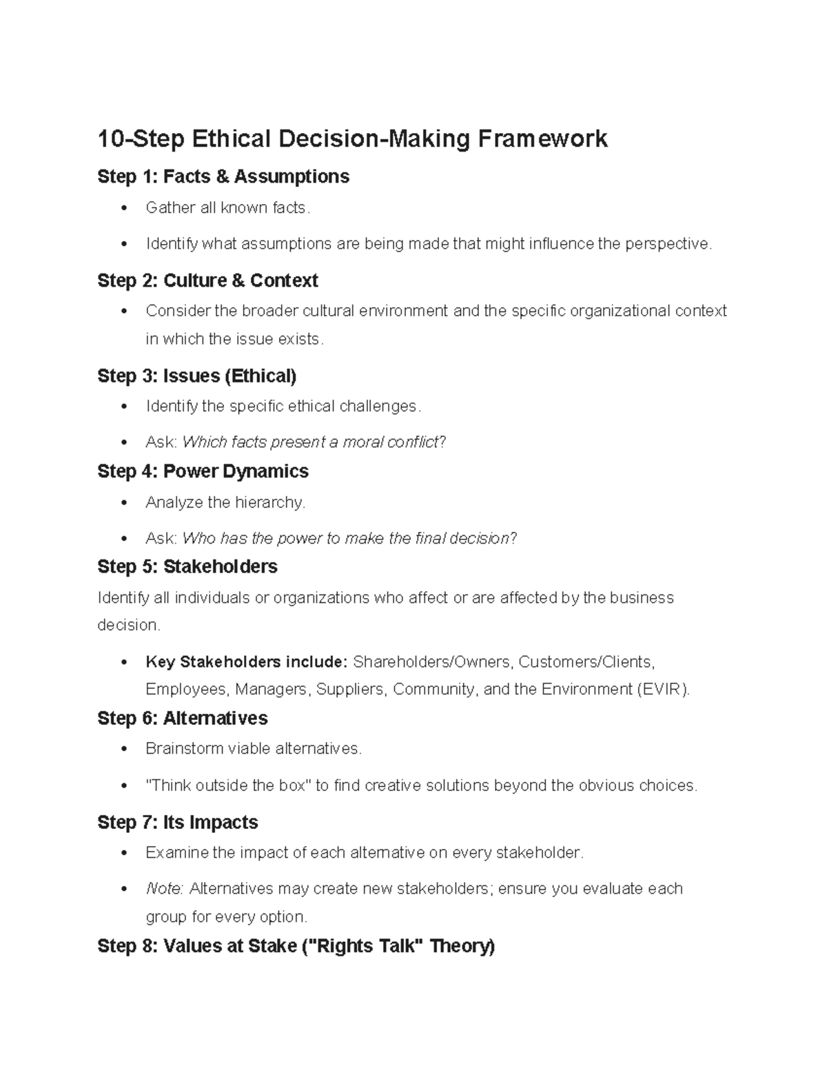 10-Step Ethical Decision-Making Framework Guide - Studocu