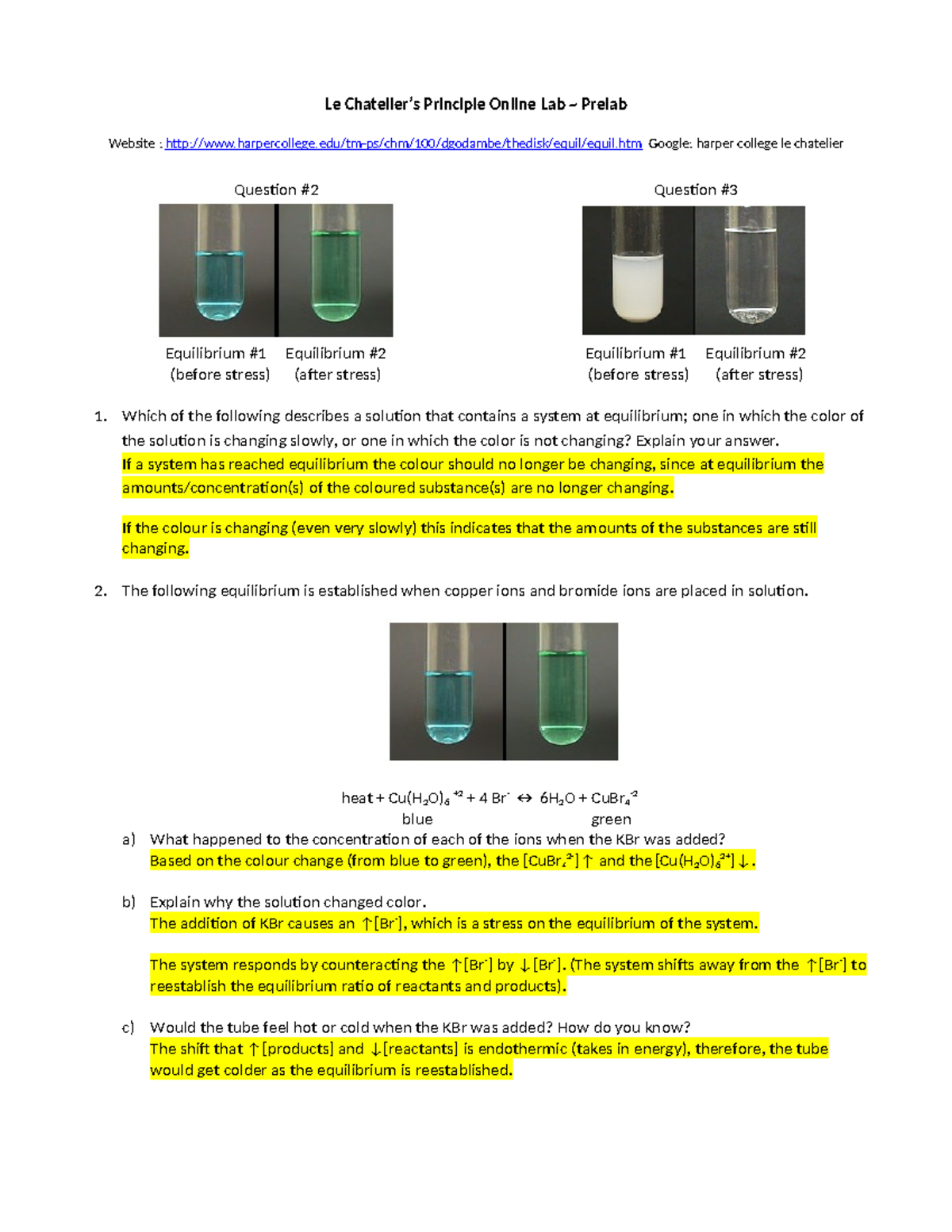 Le Chatelier Online Lab Prelab Answers for Chemistry 101 - Studocu