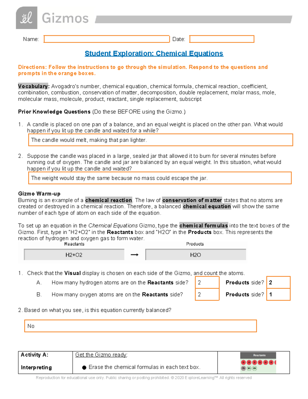 Chemical Equations Simulation Exploration (Gizmo) Guide - Studocu
