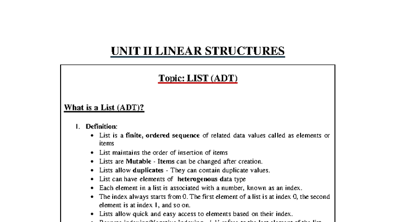 AD3251 - DS - Unit II: Linear Structures and List ADT Overview - Studocu