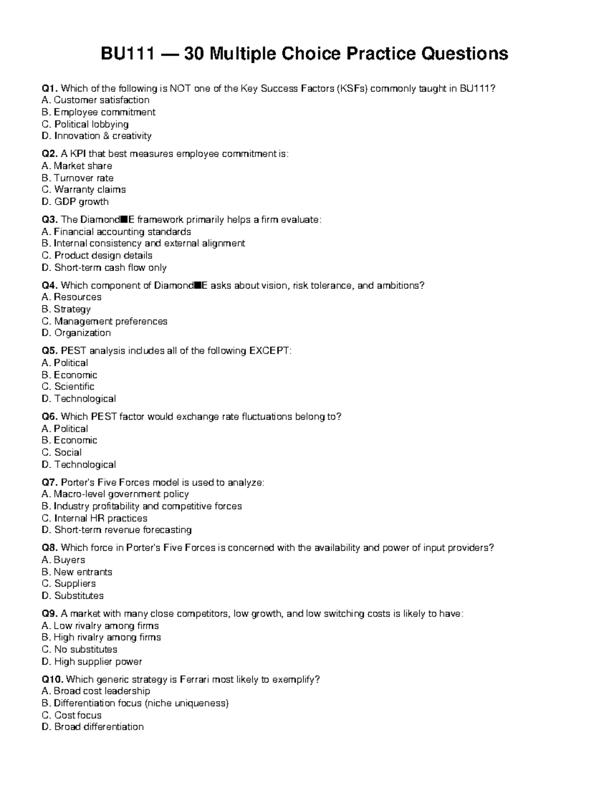 BU111 Midterm 30 MCQs Practice Questions and Answers - Studocu