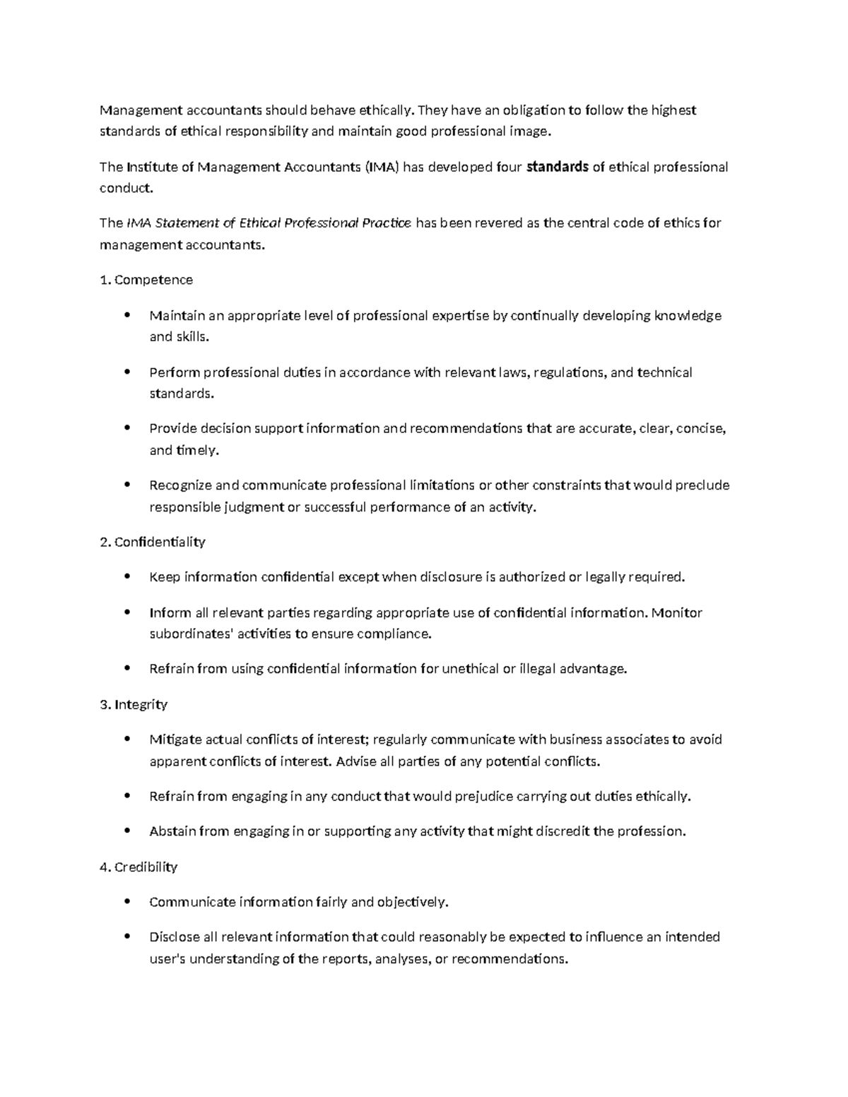 Managerial Accounting Notes: Ethical Standards and Responsibilities ...