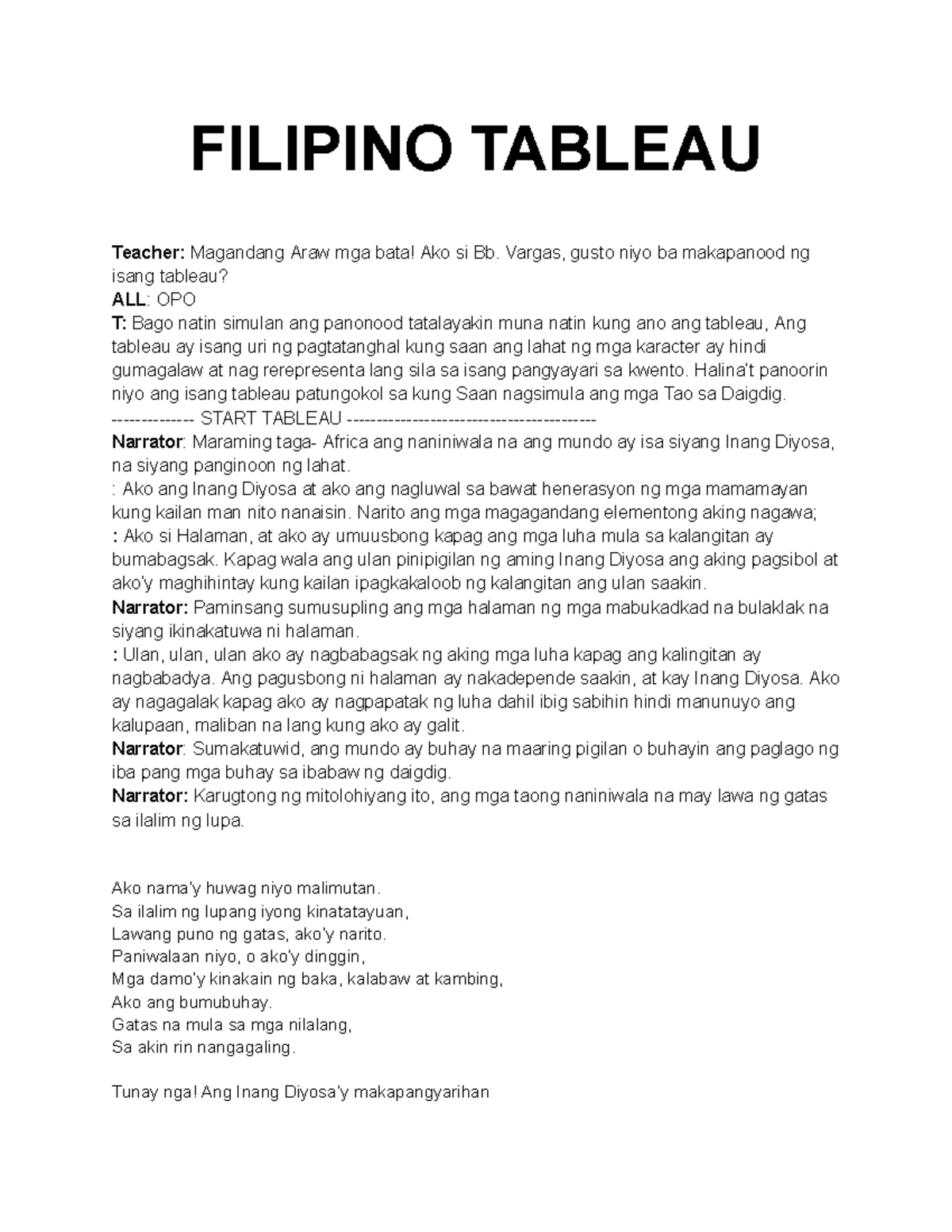 Filipino Tableau Presentation - Exploring Creation Myths - Studocu