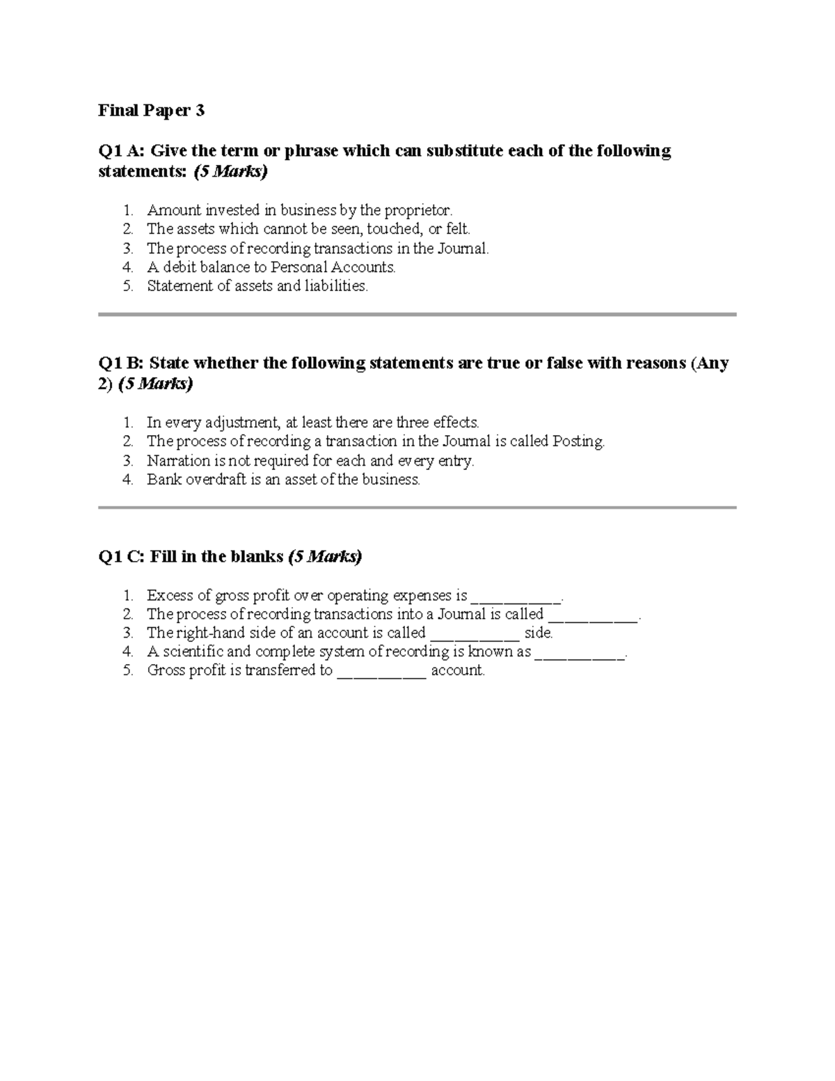 Accounts Final Paper 3 - Key Concepts and Journal Entries - Studocu
