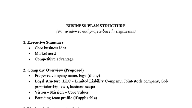 BUSINESS PLAN STRUCTURE: Key Components for Success - Studocu