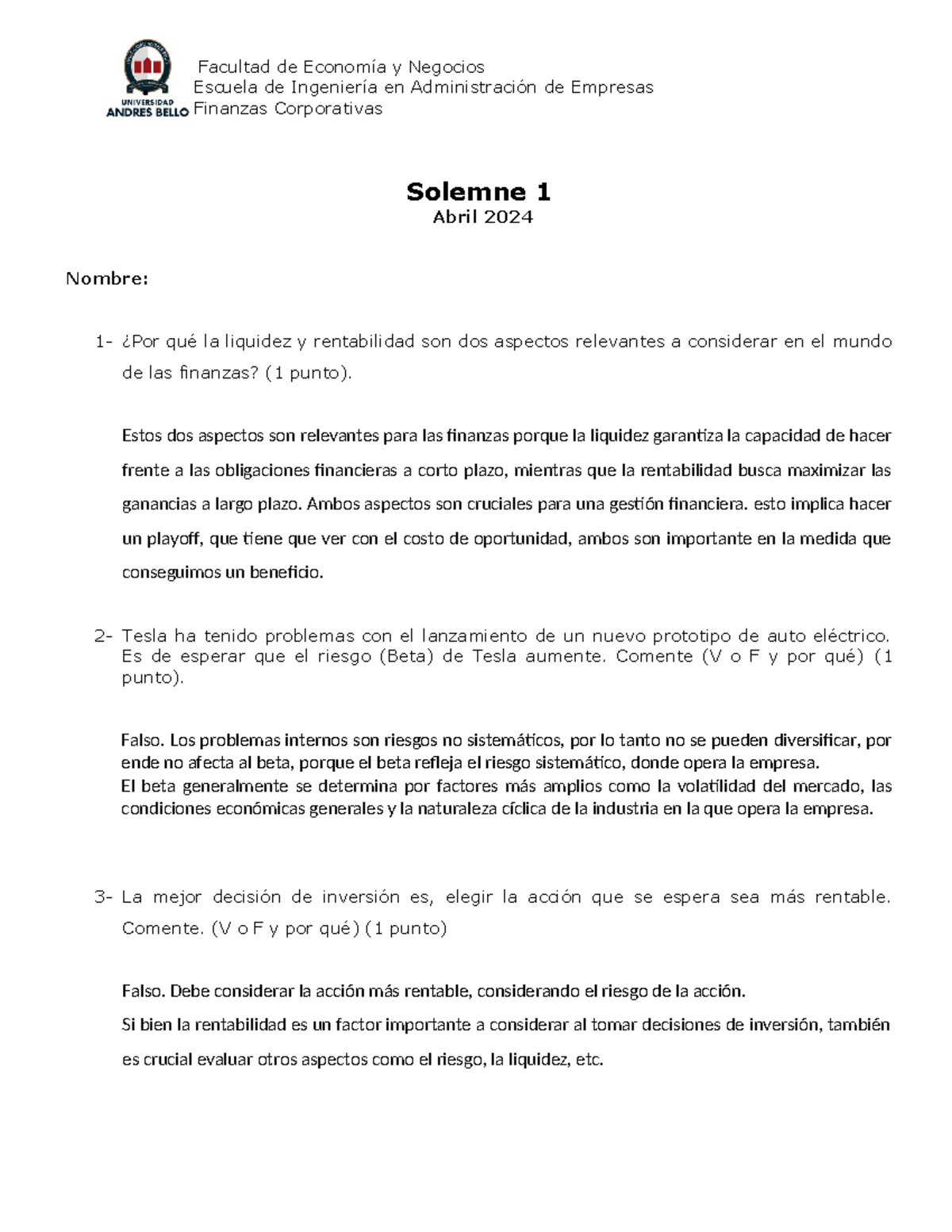 Solemne 1 Finanzas Corporativas 2024: Liquidez y Rentabilidad - Studocu