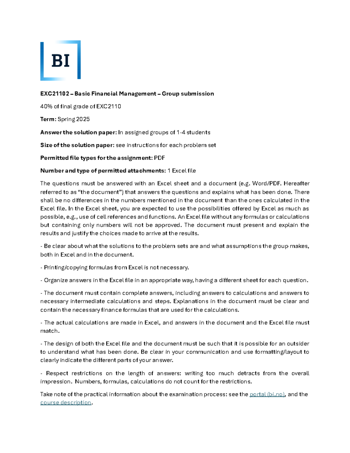 21102 Basic Financial Mgmt spring 2025 groupwork - EXC2110 2 – Basic ...