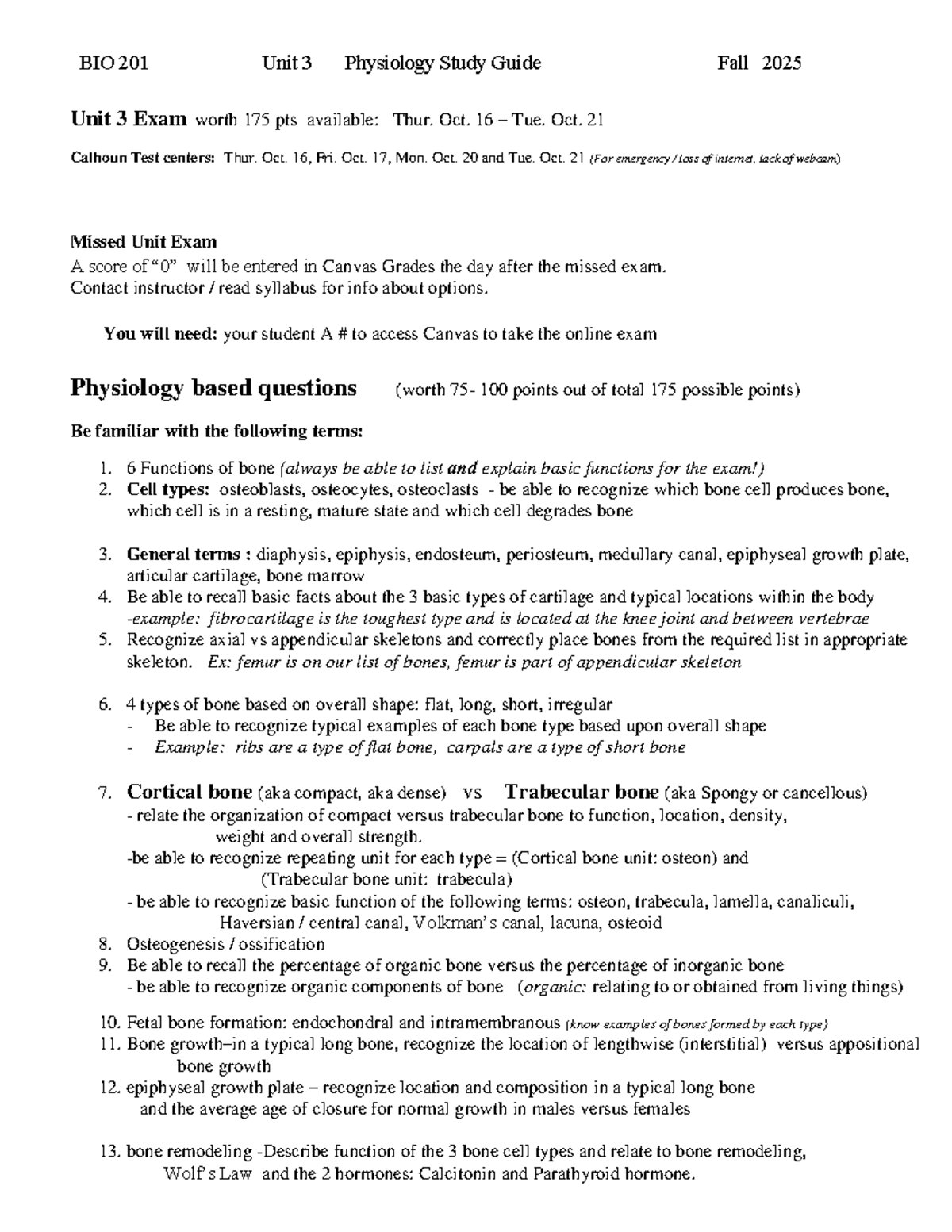 BIO 201 Unit 3 Physiology Study Guide for Fall 2025 Exam - Studocu