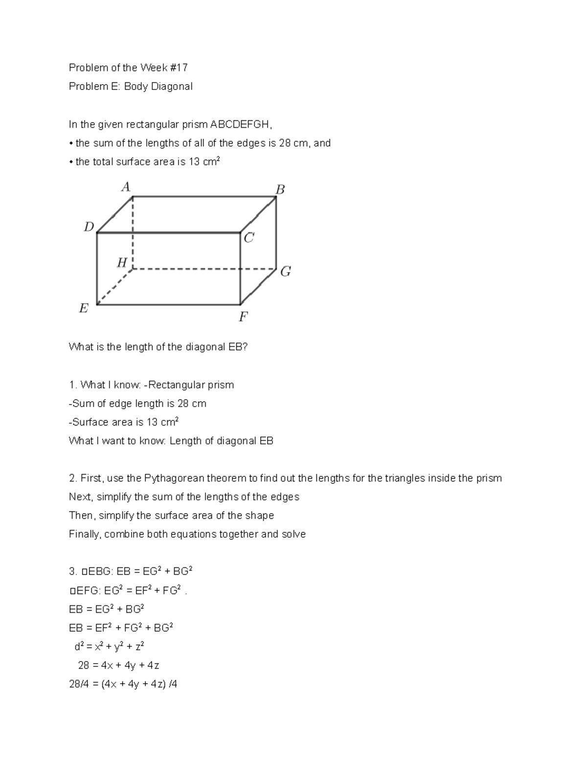 Math Problem of the Week #17: Finding Diagonal Length EB in Prism - Studocu