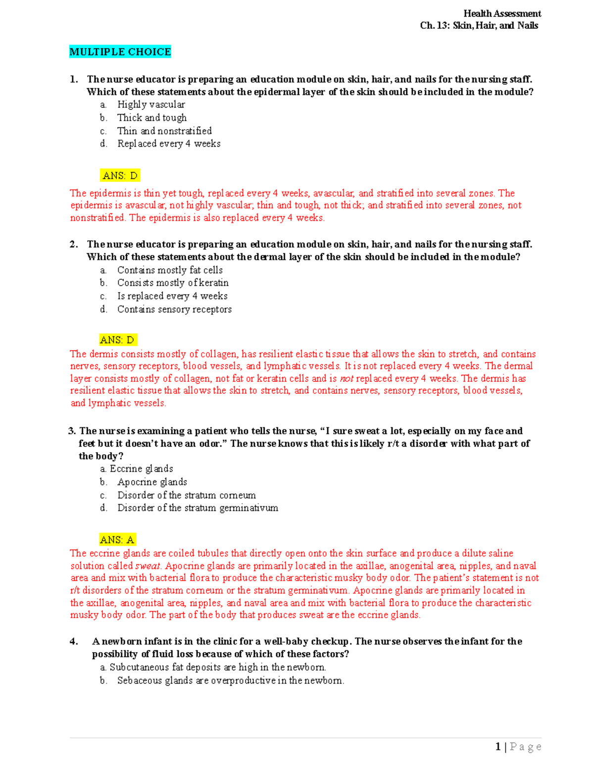 Ch 13: Skin, Hair, and Nails - Practice Questions and Answers - Studocu