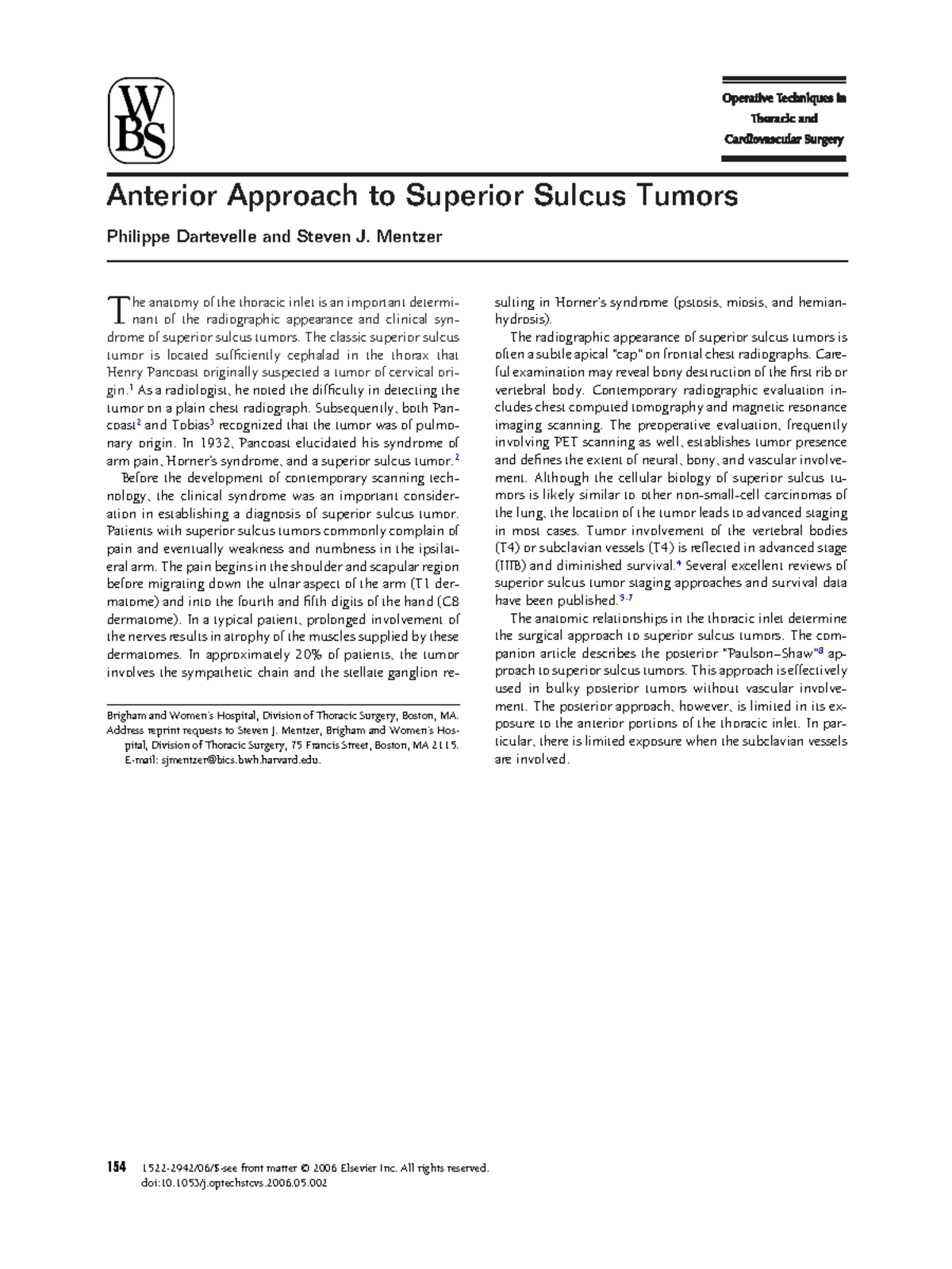 Anterior Approach to Superior Sulcus Tumors: Surgical Techniques and ...
