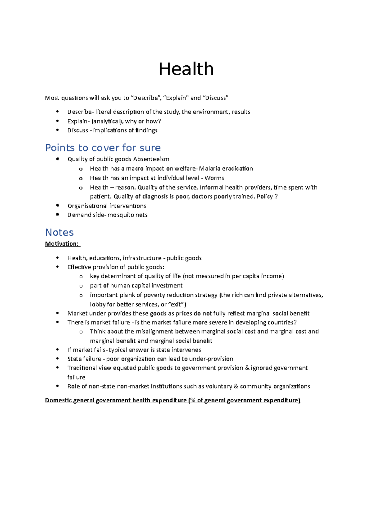 Health notes for development economics exam - Health Most questions ...