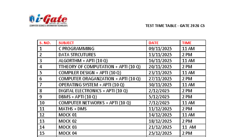 GATE 2026 CS Test Time Table & Mock Exam Schedule - Studocu