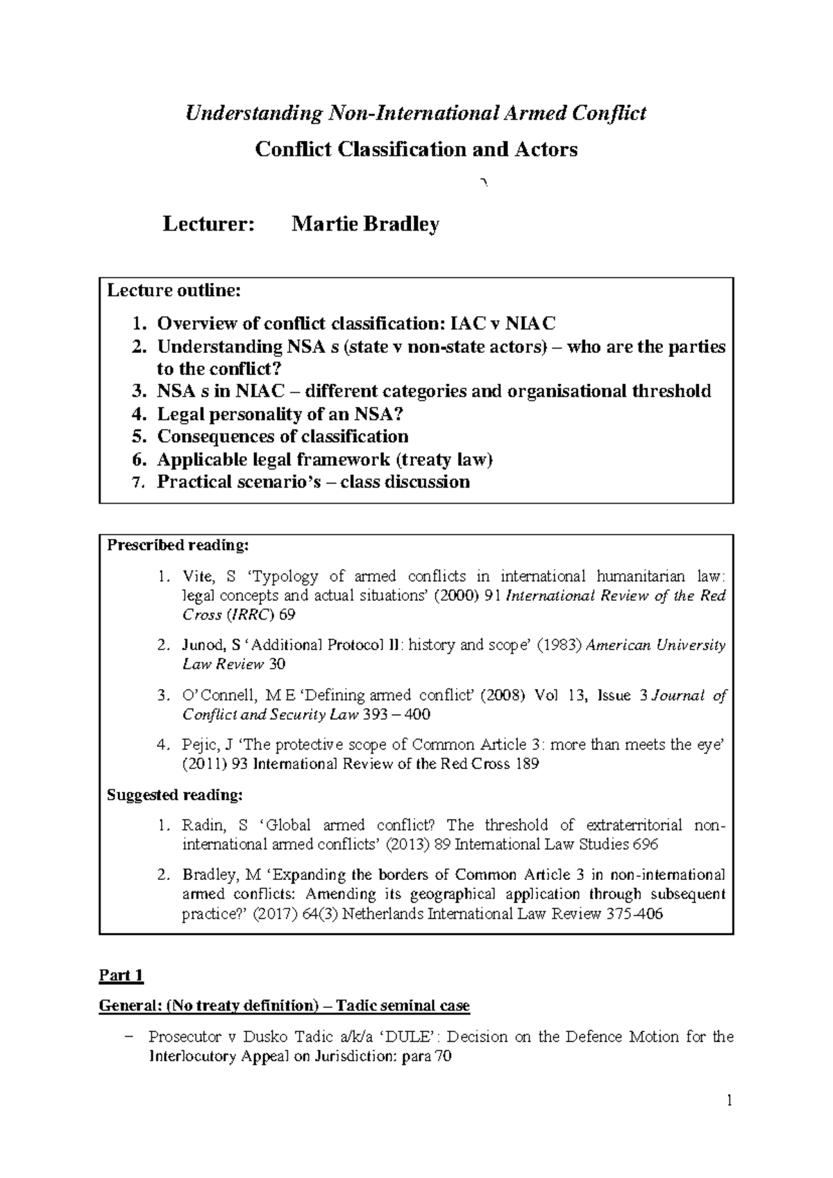 Prof. Bradley Lecture Notes: Classification of Non-International Armed ...
