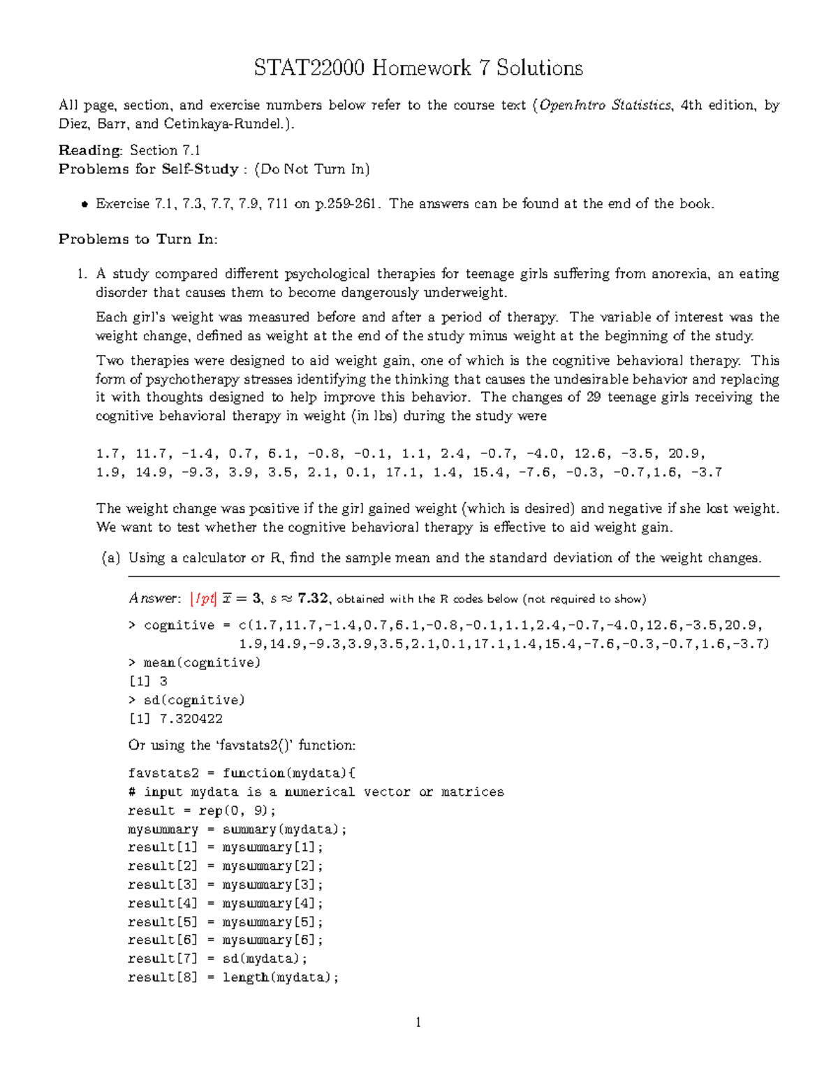 Hw7Solution - HW of Stats Wk 7 - STAT22000 Homework 7 Solutions All ...