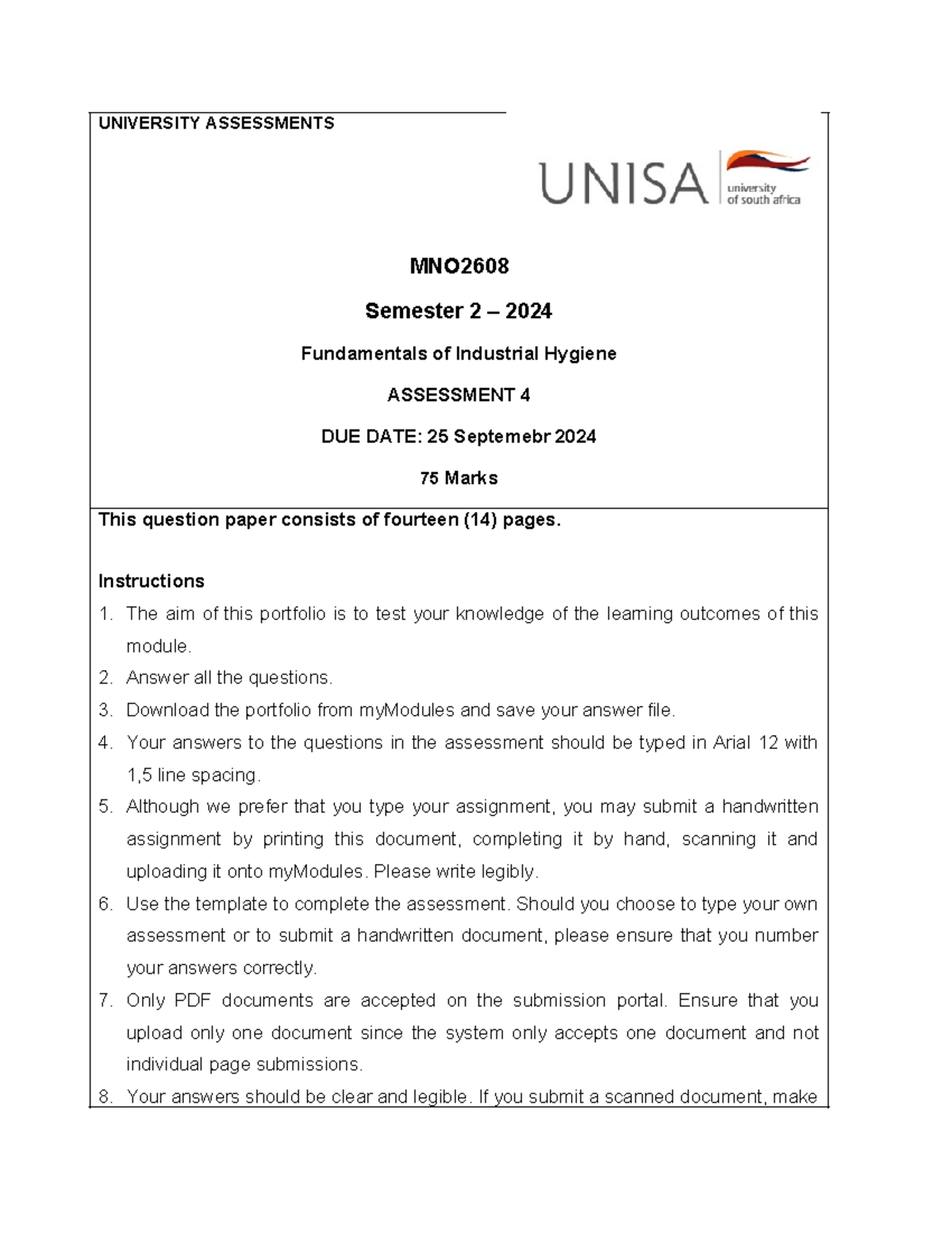 MNO2608 Assessment 4: Industrial Hygiene Portfolio Guidelines - Studocu
